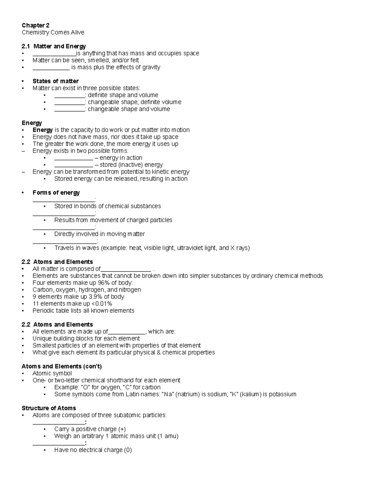 Ch. 2 Lecture Outline: Chemistry of Matter and Energy in Biology - Studocu