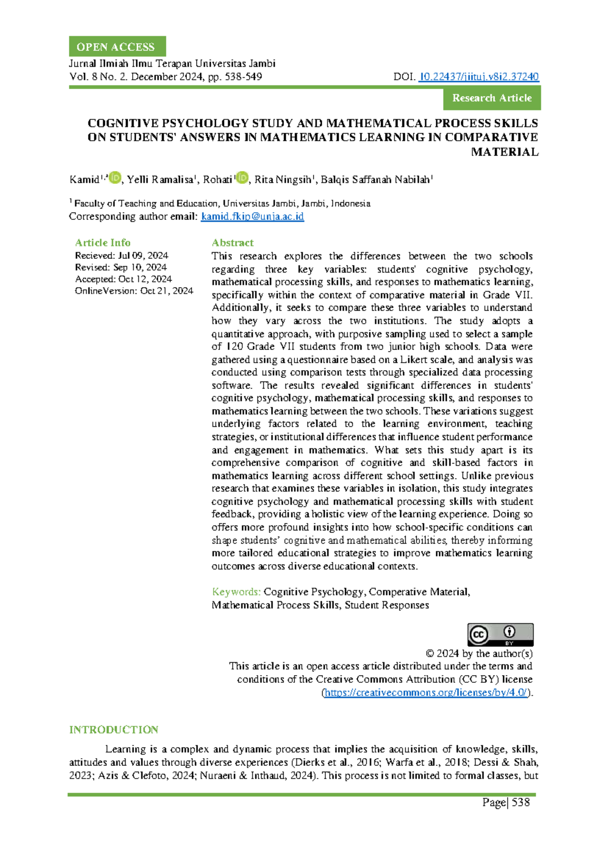 Cognitive Psychology and Math Skills in Grade VII: A Comparative Study ...