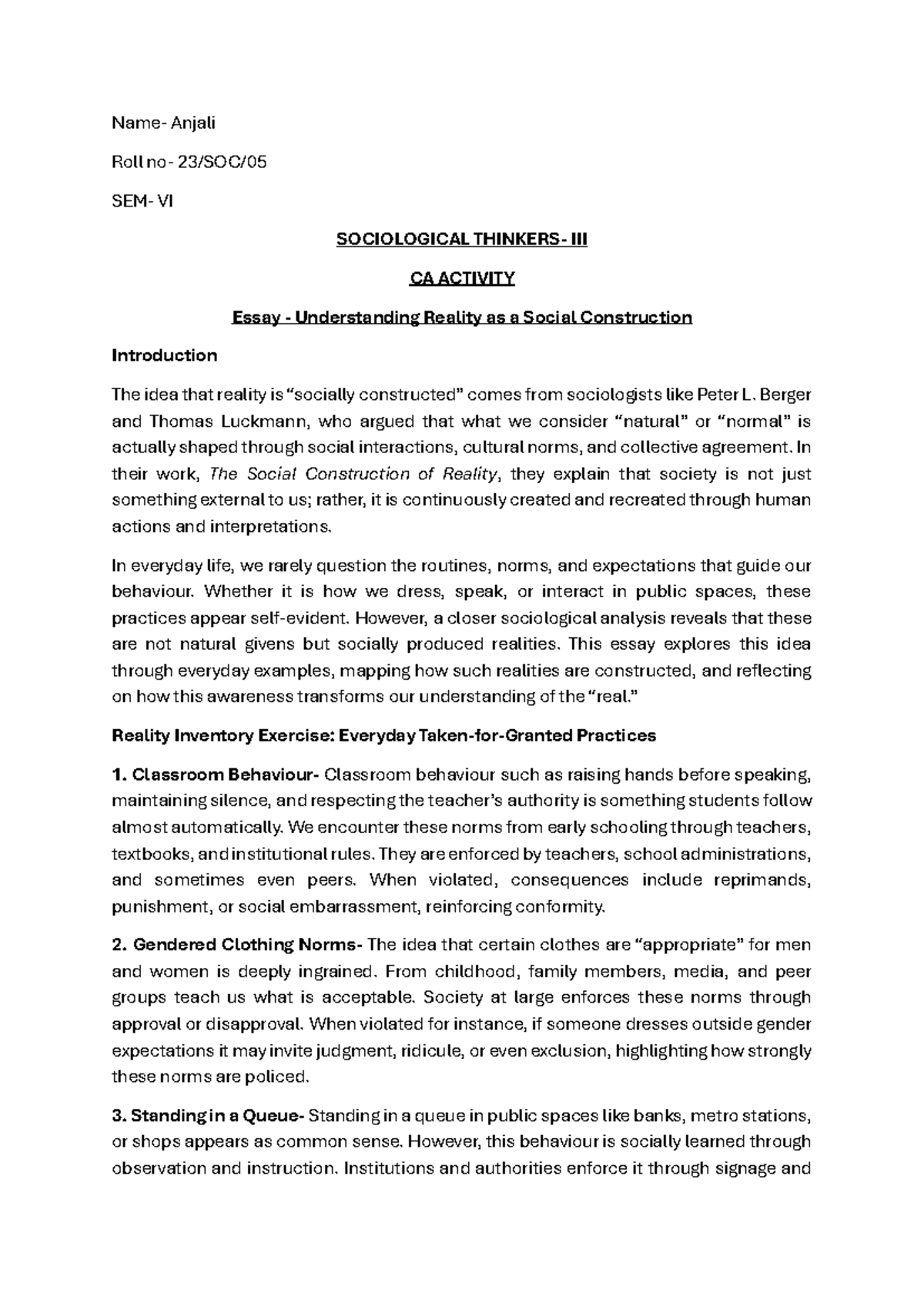 St3 CA - Essay on Social Construction of Reality in Everyday Life - Studocu