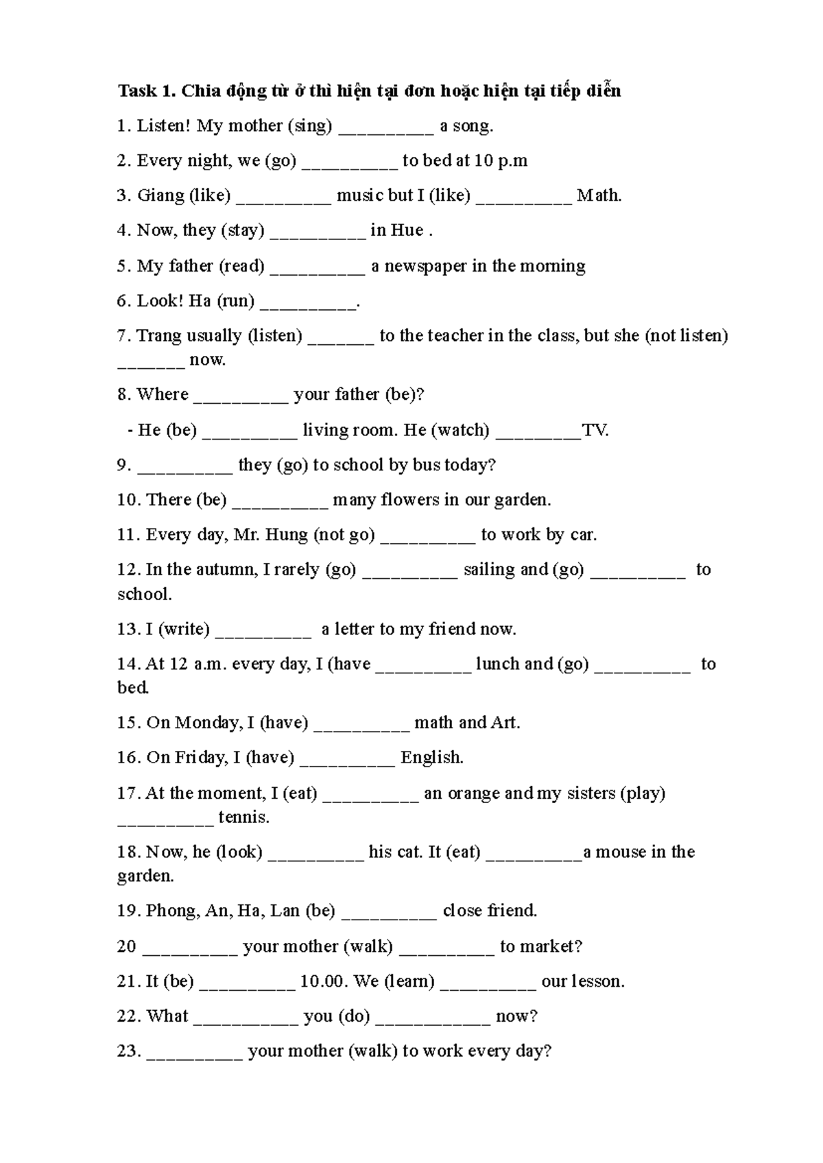Ôn tập thì hiện tại đơn và tiếp diễn - Task 1, 2, 3 - Studocu