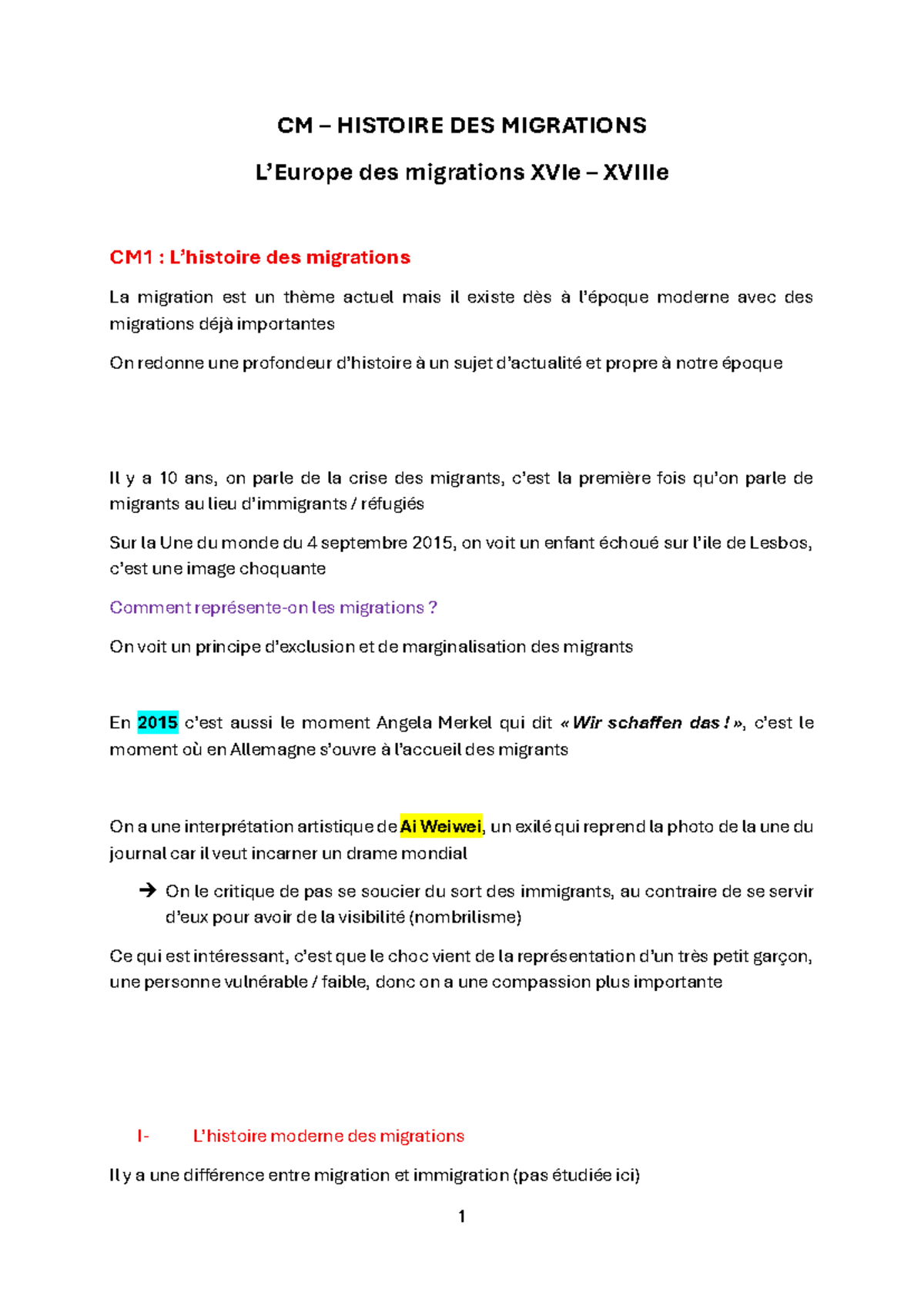 CM - Cours d'Histoire des Migrations : Analyse et Perspectives - Studocu