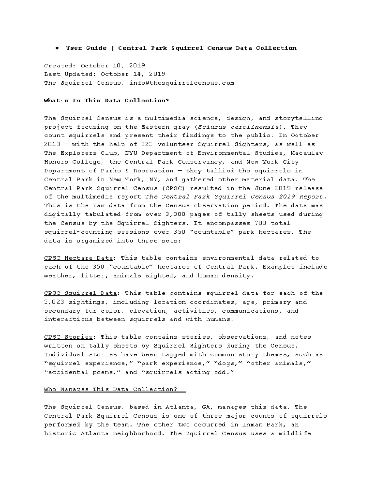 User Guide: Central Park Squirrel Census Data Collection (CPSC) - Studocu