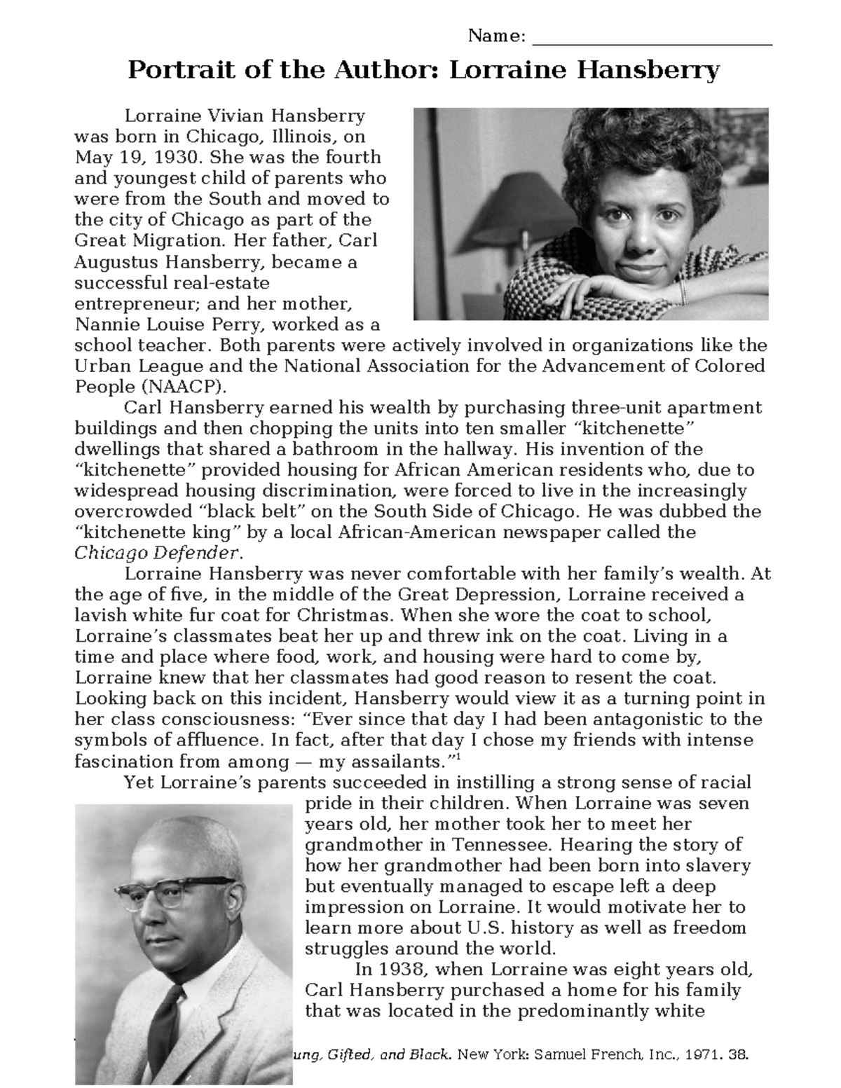 Lorraine Hansberry: A Raisin in the Sun Study Guide (ENG 101) - Studocu
