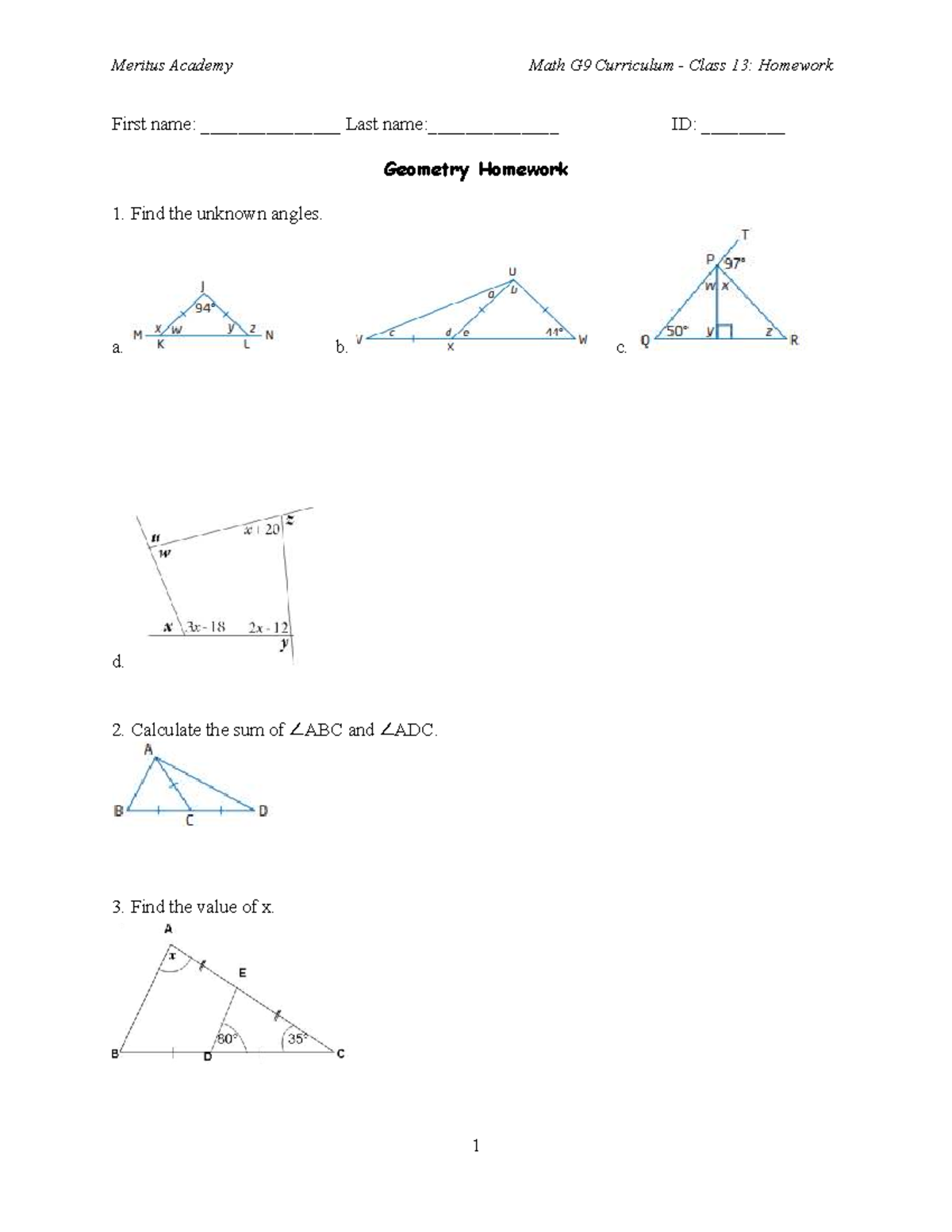 Meritus Academy G9 Math Class 13: Geometry Homework - Studocu