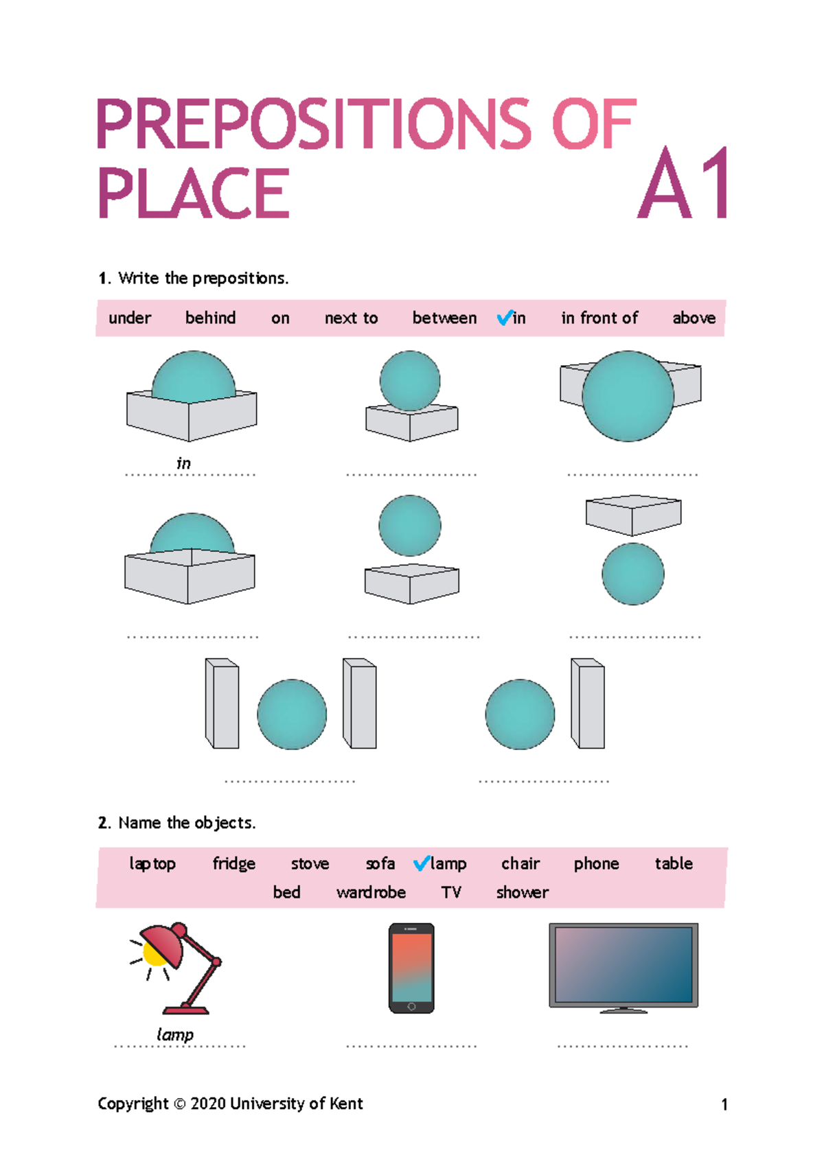 A1 Worksheet: Prepositions and Object Identification - Studocu