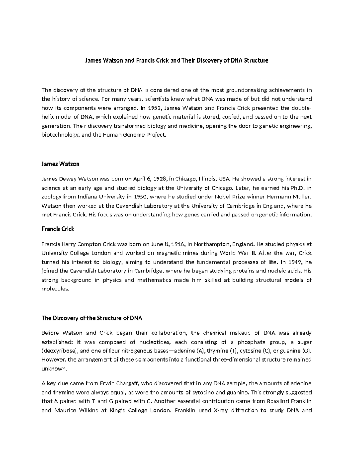 Watson & Crick: The Groundbreaking Discovery of DNA Structure - Studocu