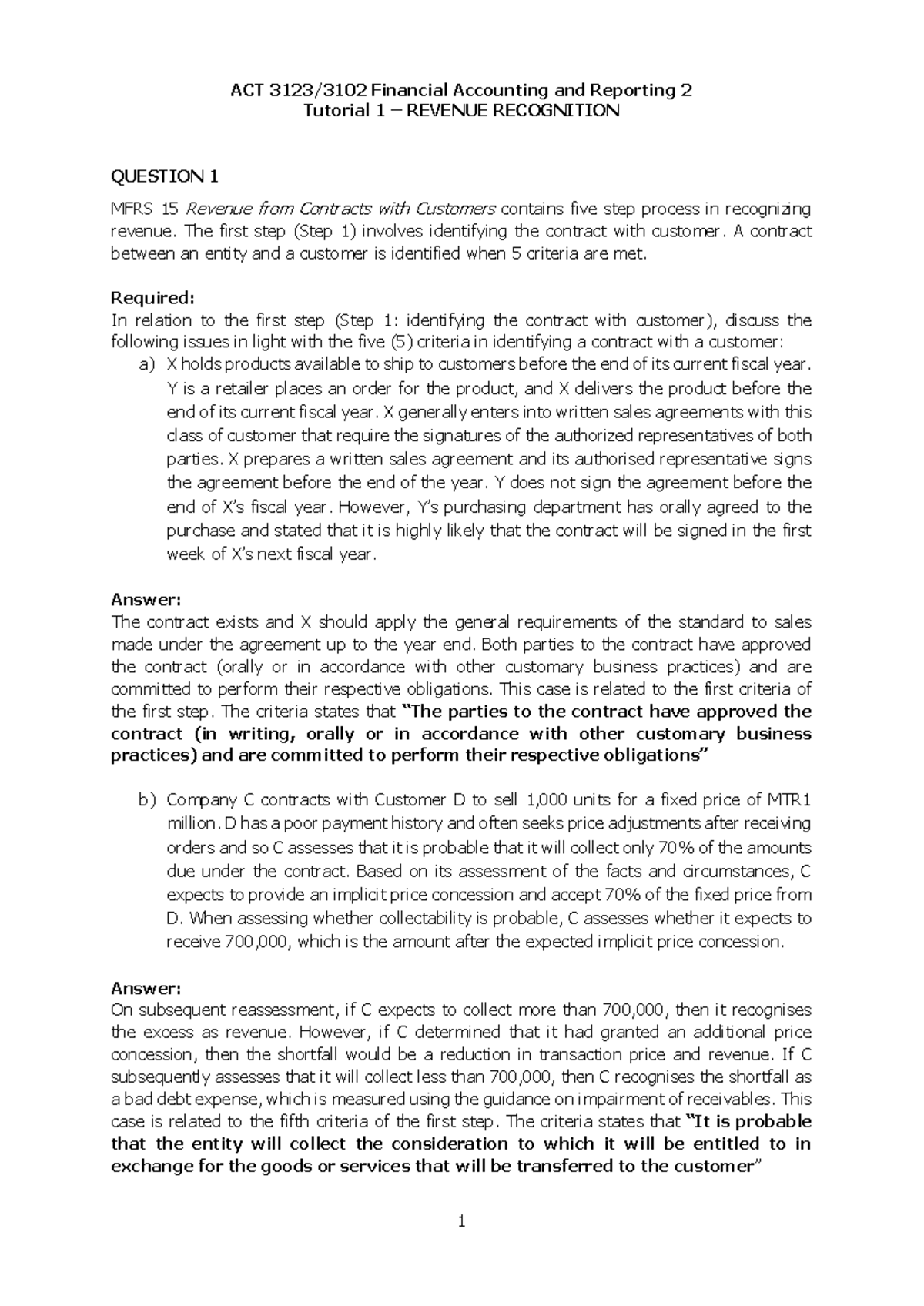 Solution Tutorial 1 - Revenue Recognition 2022 - ACT 3123/3102 ...