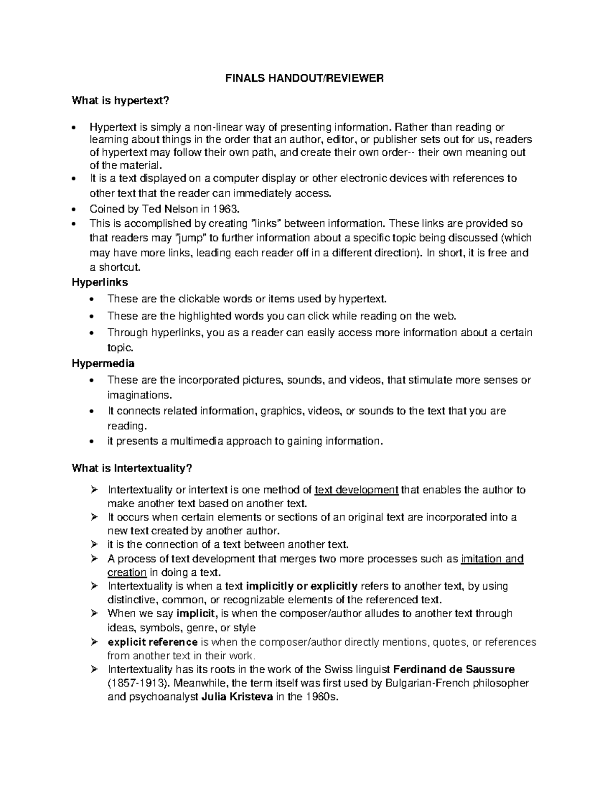 FINALS Handout: Hypertext, Intertextuality & Book Review Insights - Studocu