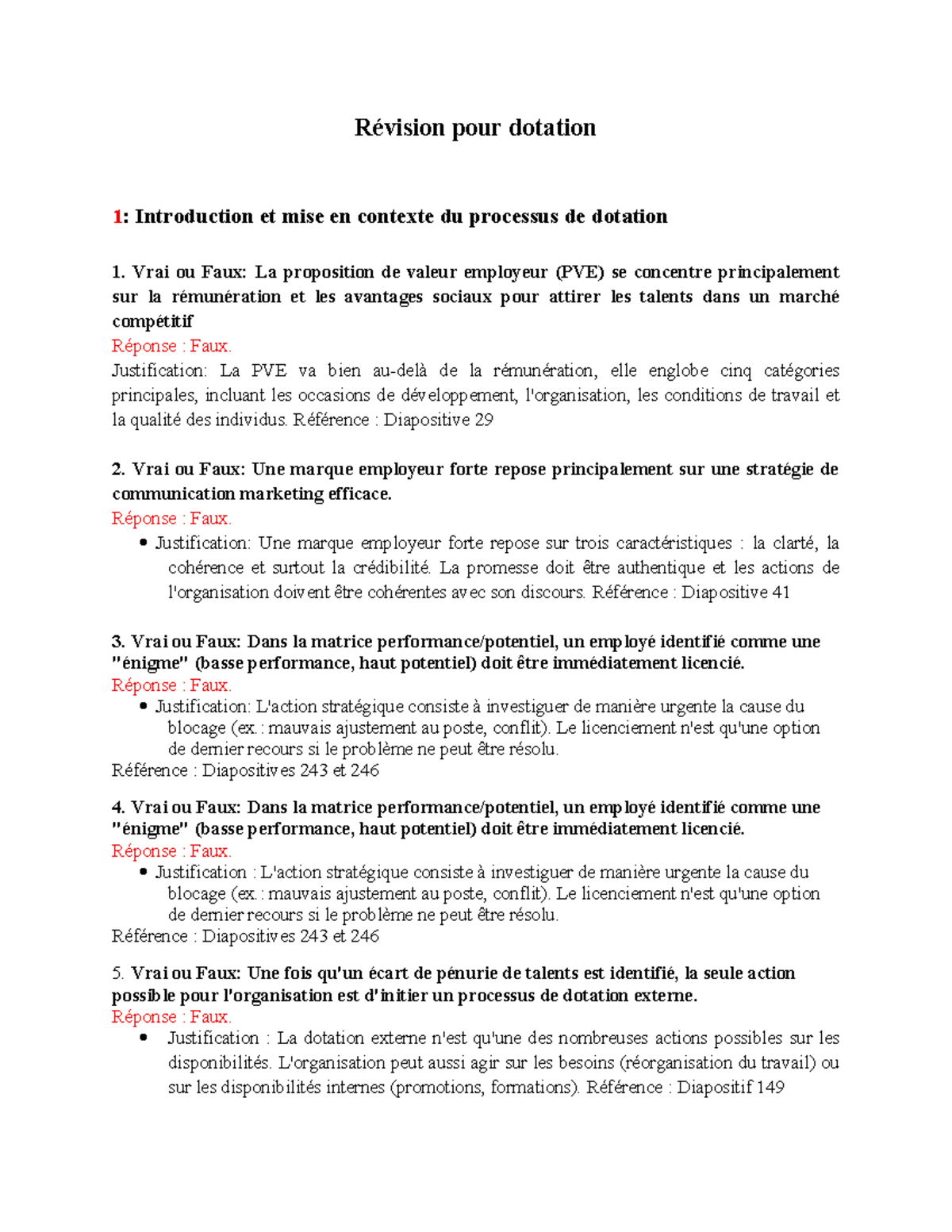 Révision pour dotation du personnel: Concepts clés et réponses V/F ...