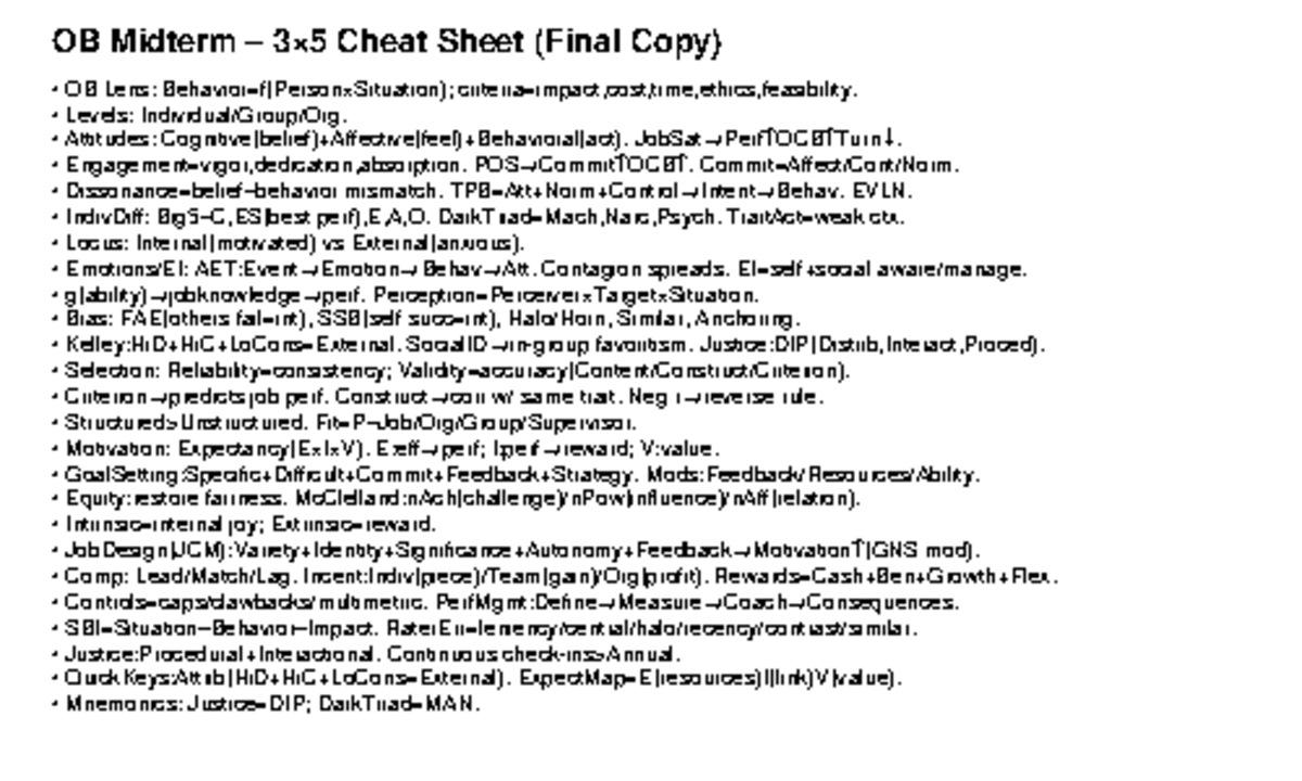 OB Midterm Cheat Sheet 3x5 v2 - OB Midterm – 3×5 Cheat Sheet (Final Copy) OB Lens: - Studocu