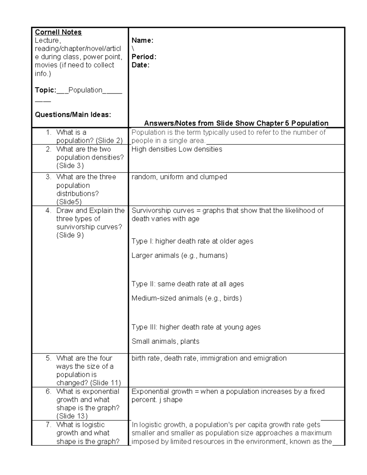 Regular Chapter 5 Population Notes Worksheet 2023 - Cornell Notes ...