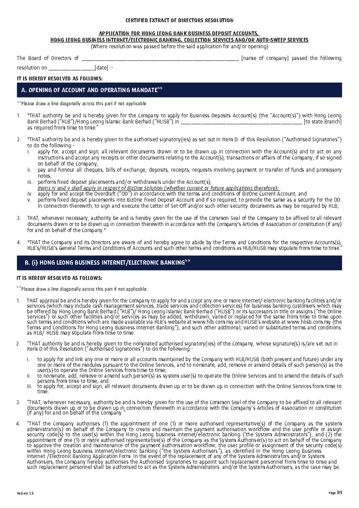 Hong Leong Bank Business Account Resolution and Authorization Form ...
