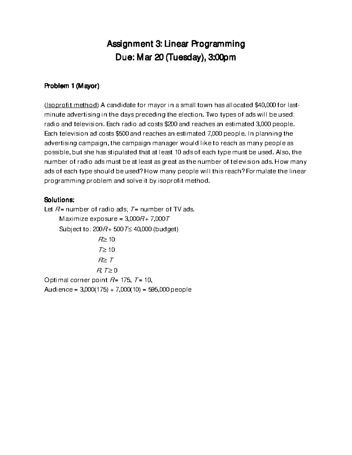 Assignment 3 LP Solutions - Assignment 3: Linear Programming Due: M ar ...