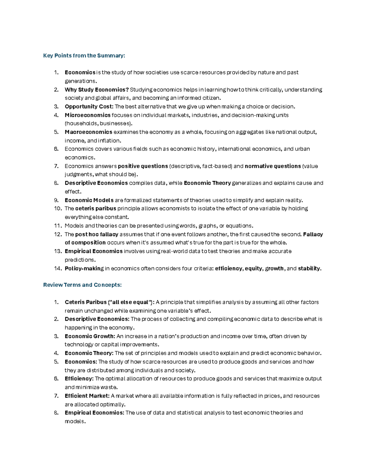 ECO 101: Summary & Key Definitions for Economics Concepts - Studocu