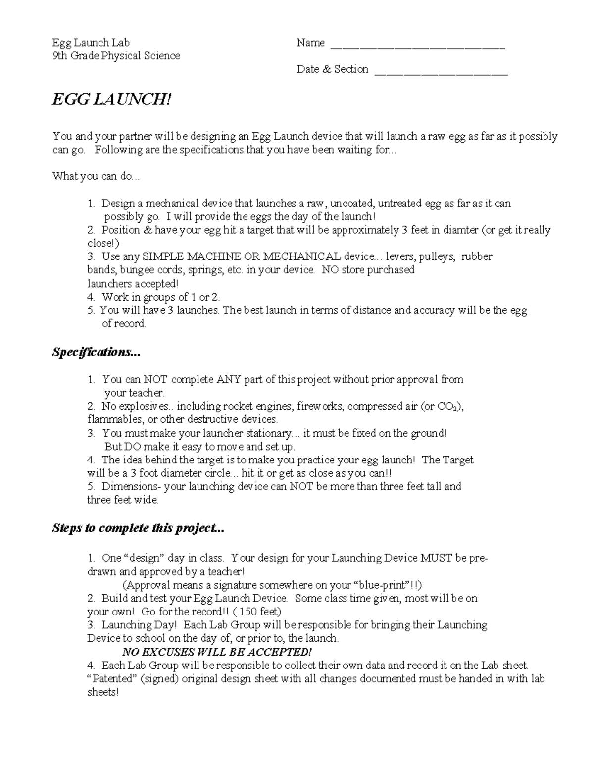 Egg Launch Lab - 9th Grade Physical Science Project Guide - Studocu