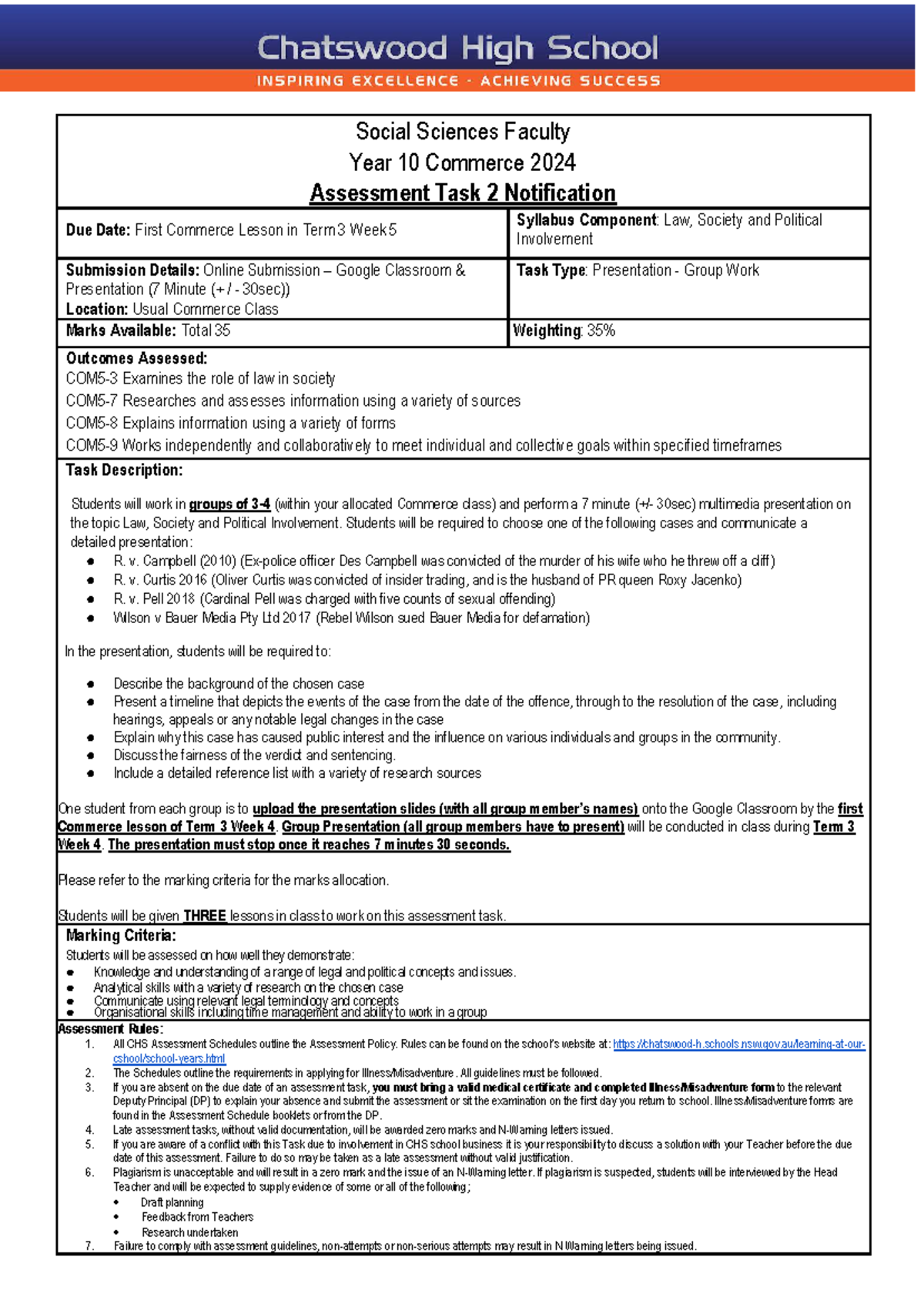 AT2 Notification: Year 10 Commerce Presentation on Law & Society - Studocu