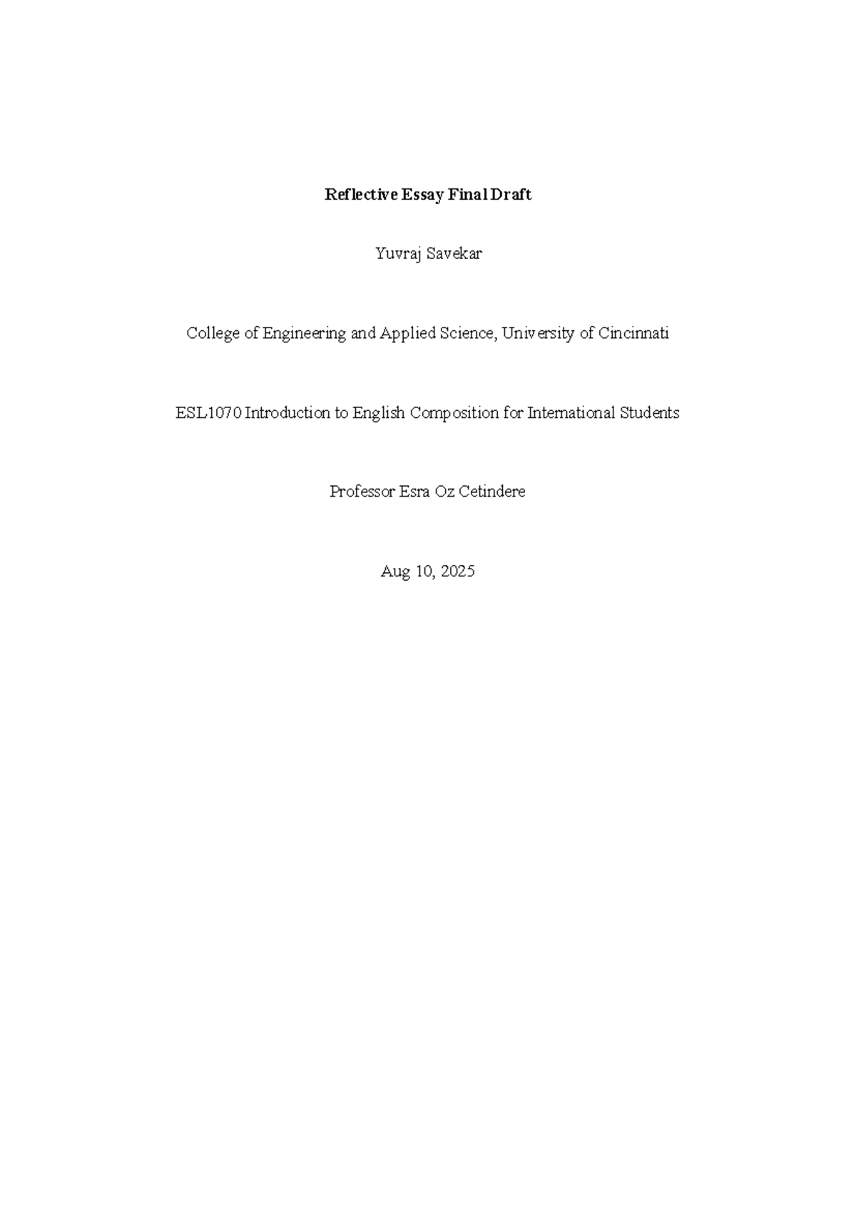 Reflective Essay Final Draft for ESL1070: Synthesis Insights - Studocu
