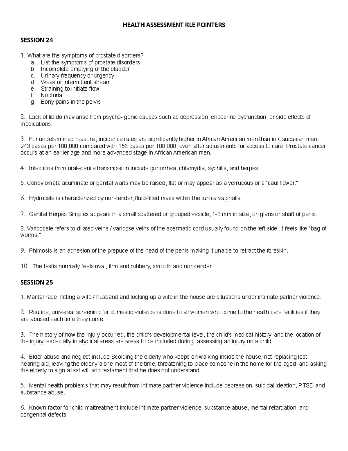 Health Assessment RLE sessions 24 30 Pointers - HEALTH ASSESSMENT RLE ...