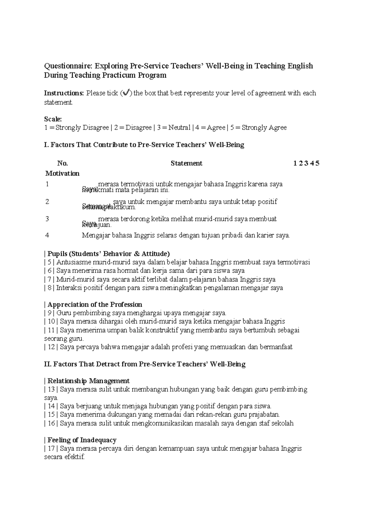 Questionnaire: Exploring English Teaching in Practicum Program - Studocu