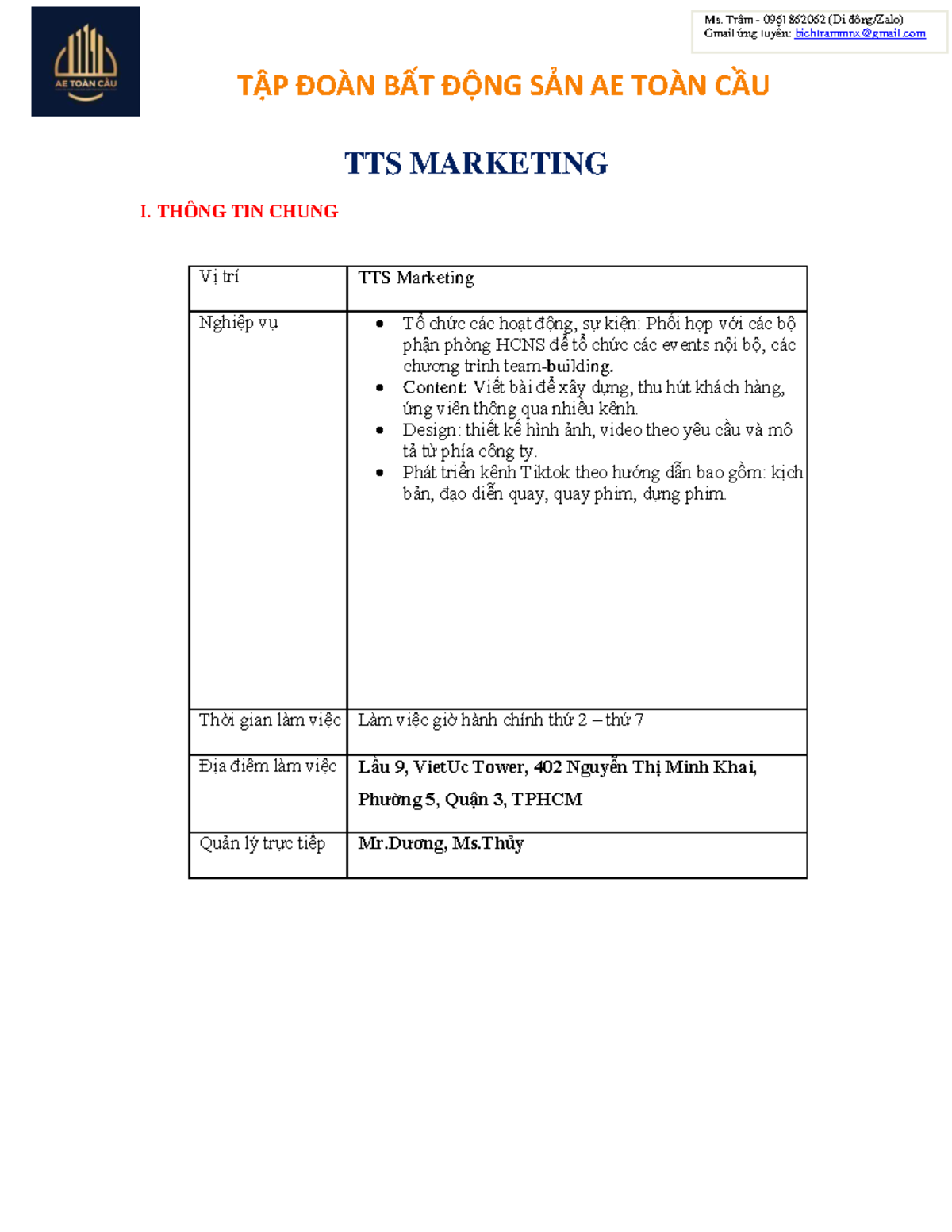 HR Trâm JD TTS Marketing Chính sách - TẬP ĐOÀN BẤT ĐỘNG SẢN AE TOÀN CẦU ...