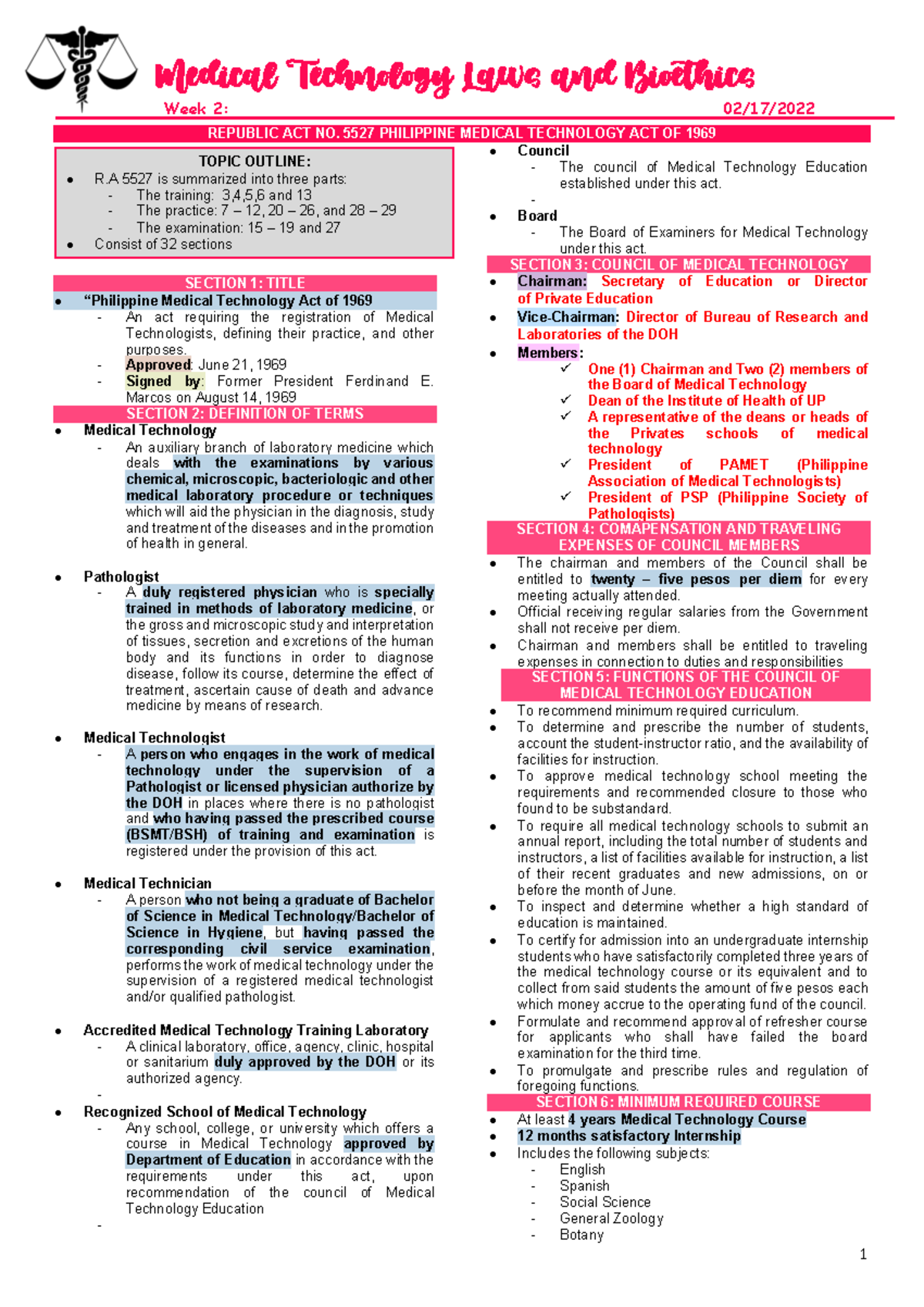 MTLB FULL SEM Transes - Medical Technology Laws and Bioethics 1 Week 2: ...