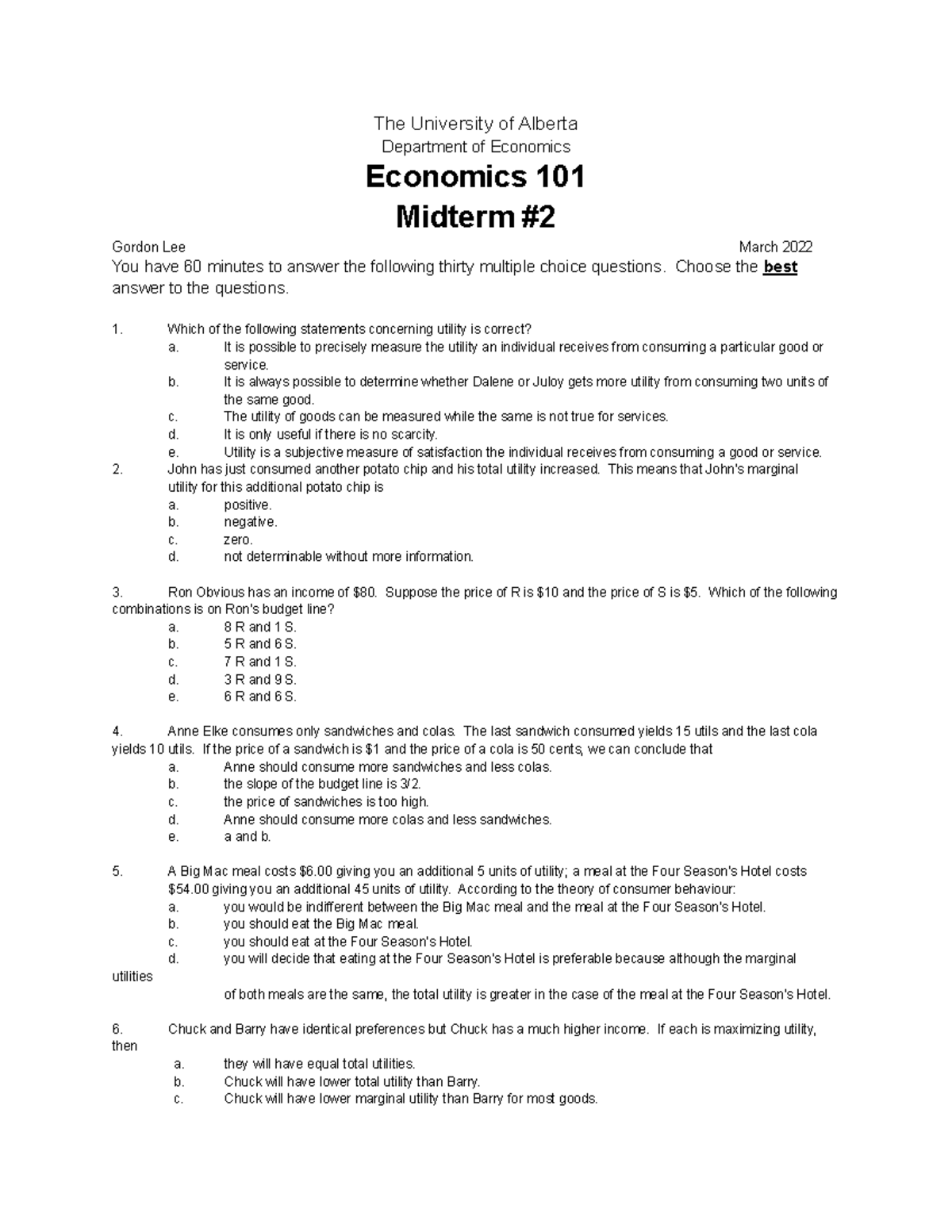 Econ 101 Midterm Practice Questions - March 2022 - Studocu