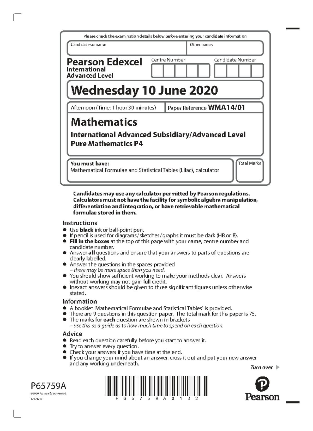Mathematics IAL Pure Mathematics P4 Exam Paper - June 2020 - Studocu