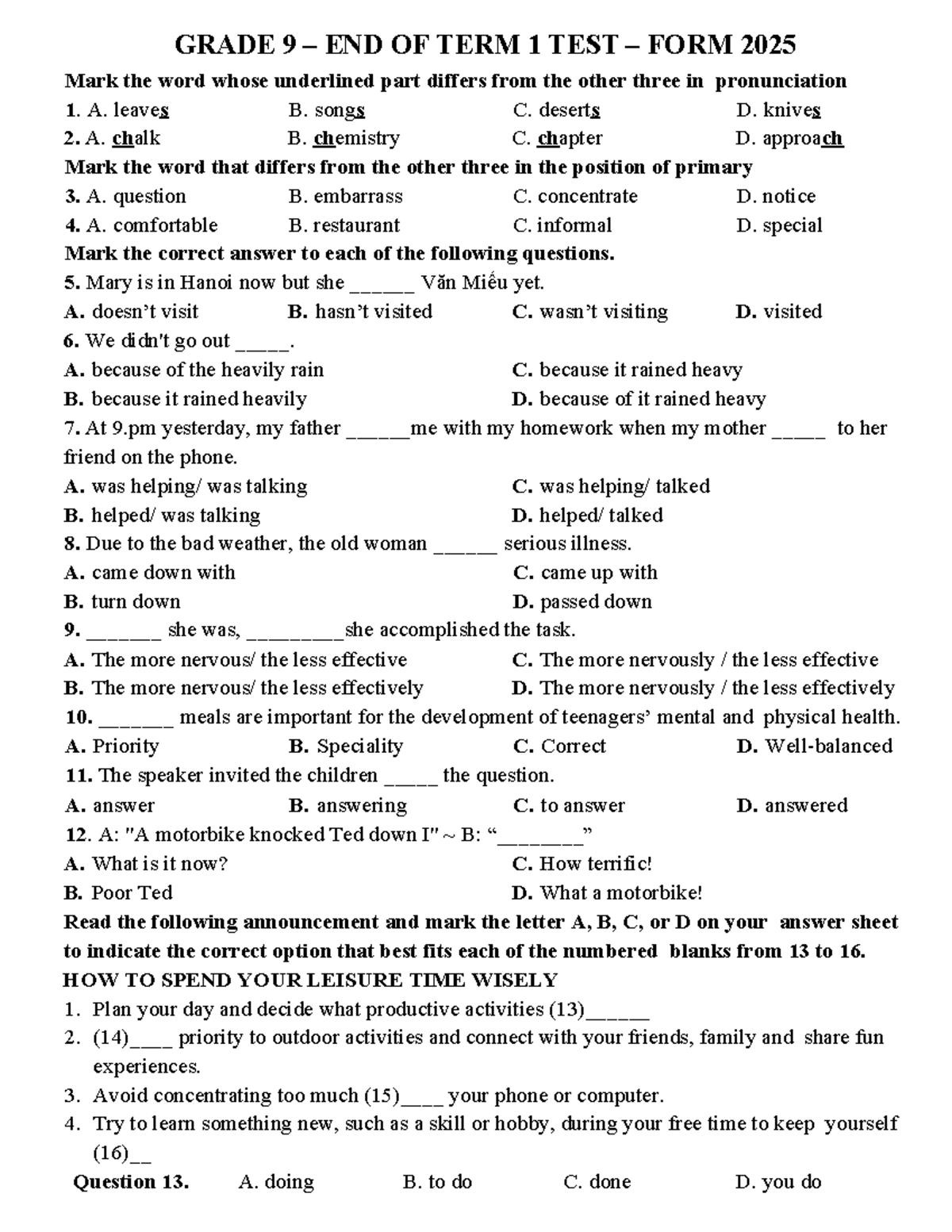 G9 EOT1 Test 2025: Pronunciation & Vocabulary Exercises - Studocu