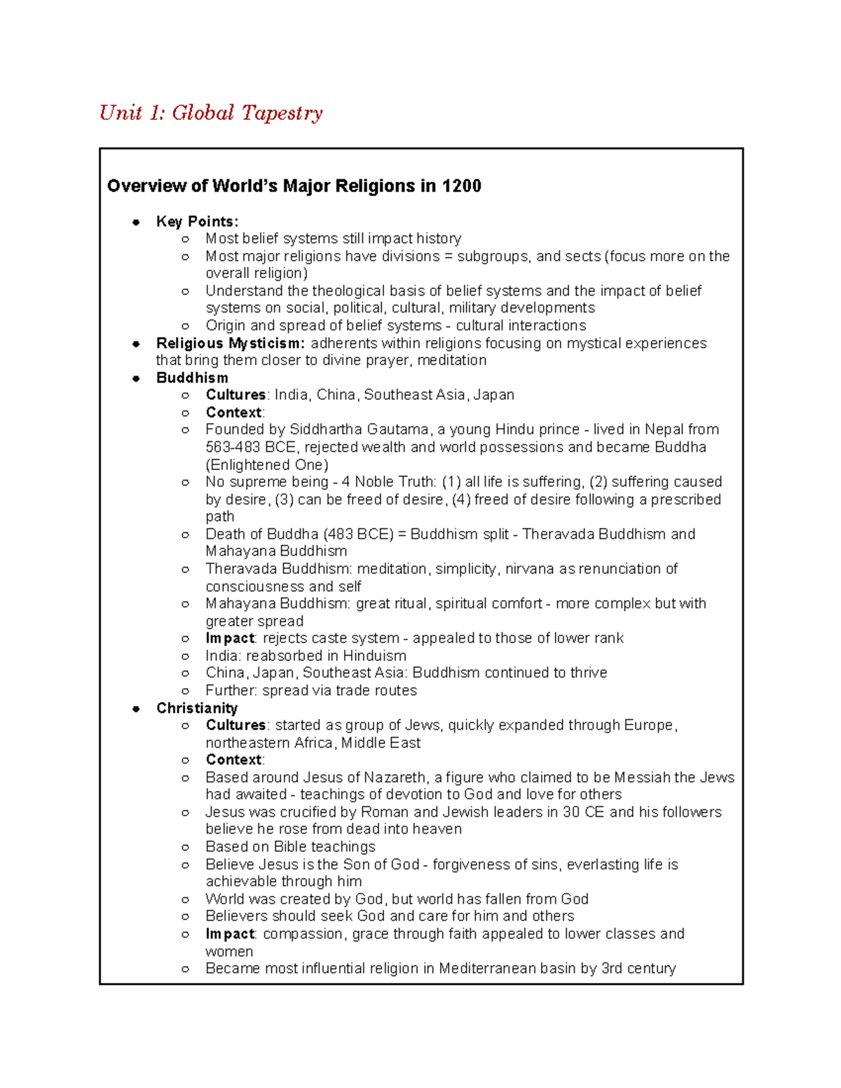 AP World History: Unit 1 - Overview of Major Religions by 1200 CE - Studocu