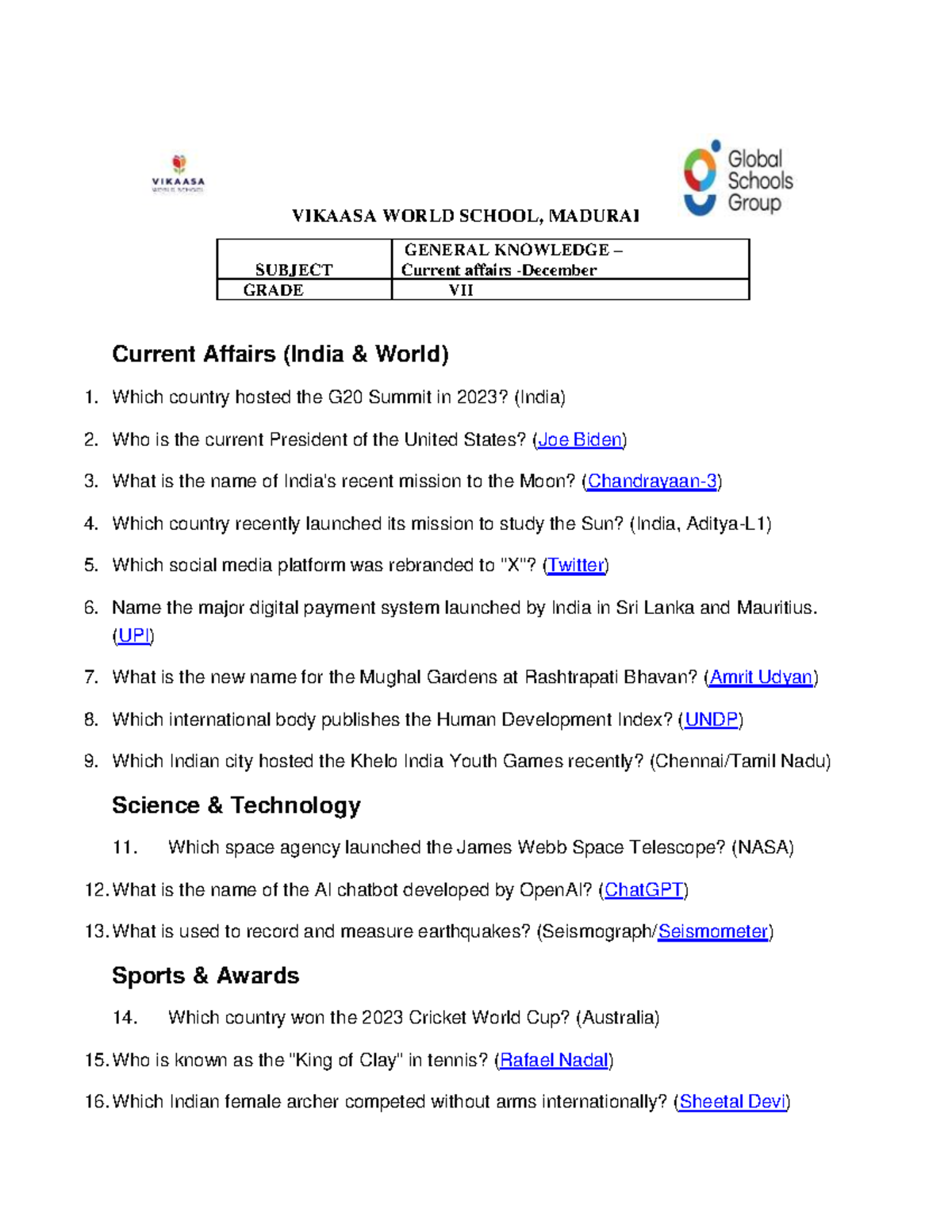7th Grade General Knowledge Current Affairs & Events PDF - Studocu