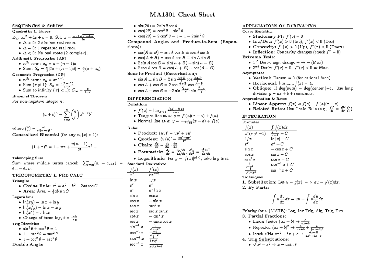 MA1301 A4 Cheat Sheet: Sequences, Series, and Calculus Concepts - Studocu