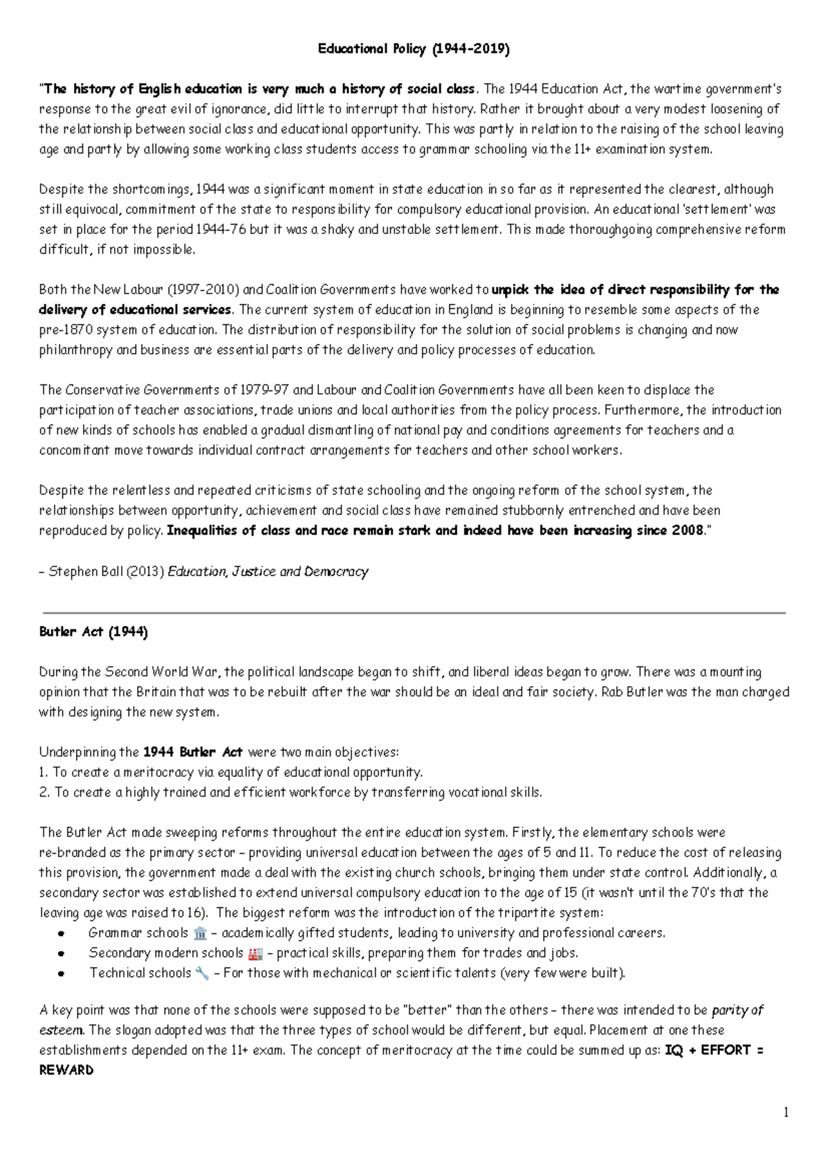 Educational Policy Analysis: Social Class and the 1944 Butler Act - Studocu