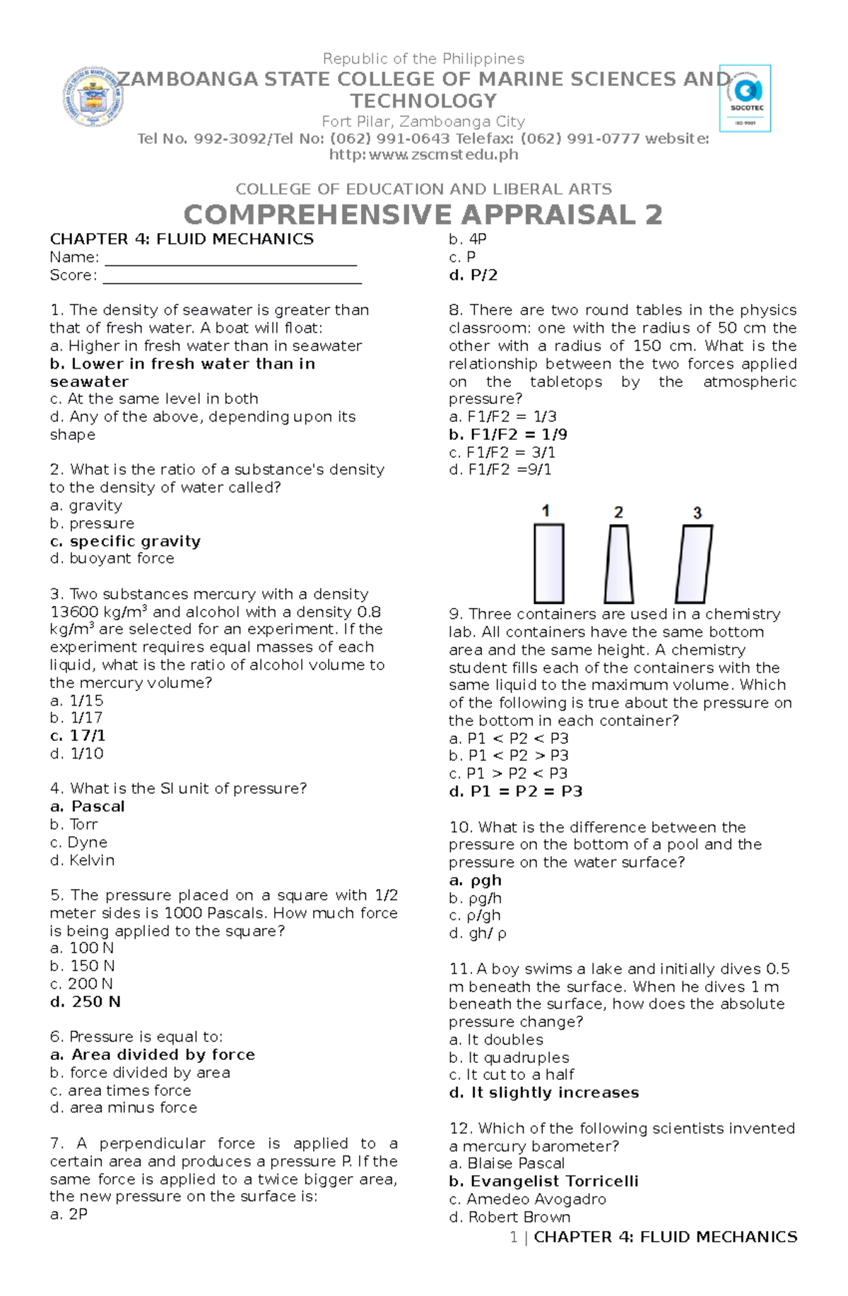Chapter 4 Fluid Mechanics: Comprehensive Appraisal 2 with Answer Key ...