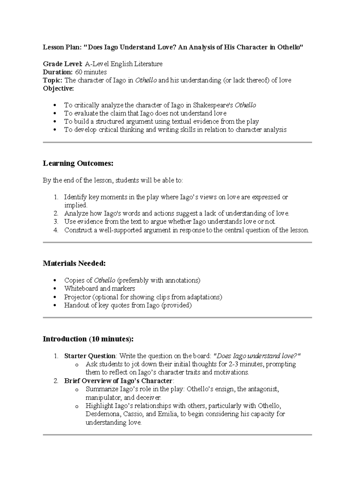 Othello Analysis: Iago’s Distortion of Love - A-Level English Lit - Studocu