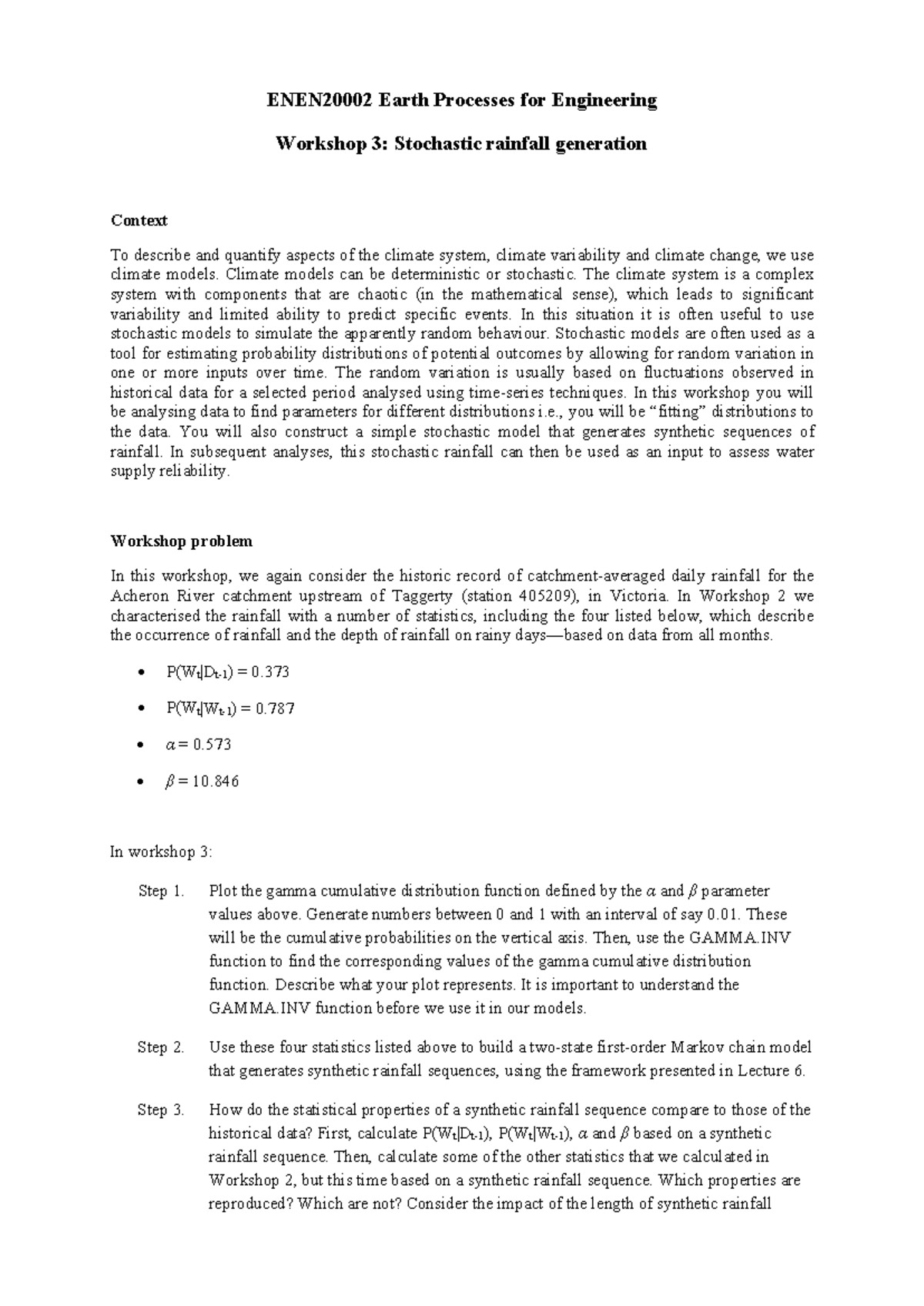 CVE80019 Workshop 3: Stochastic Rainfall Generation Analysis - Studocu