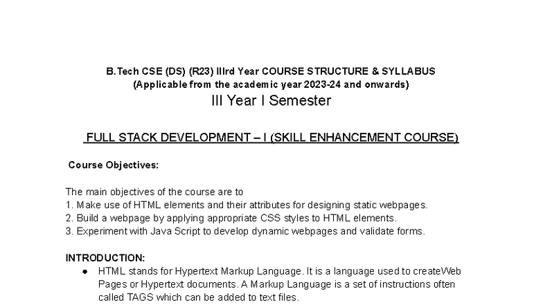 B.Tech CSE (DS) (R23) Full Stack Development I Course Notes - Studocu