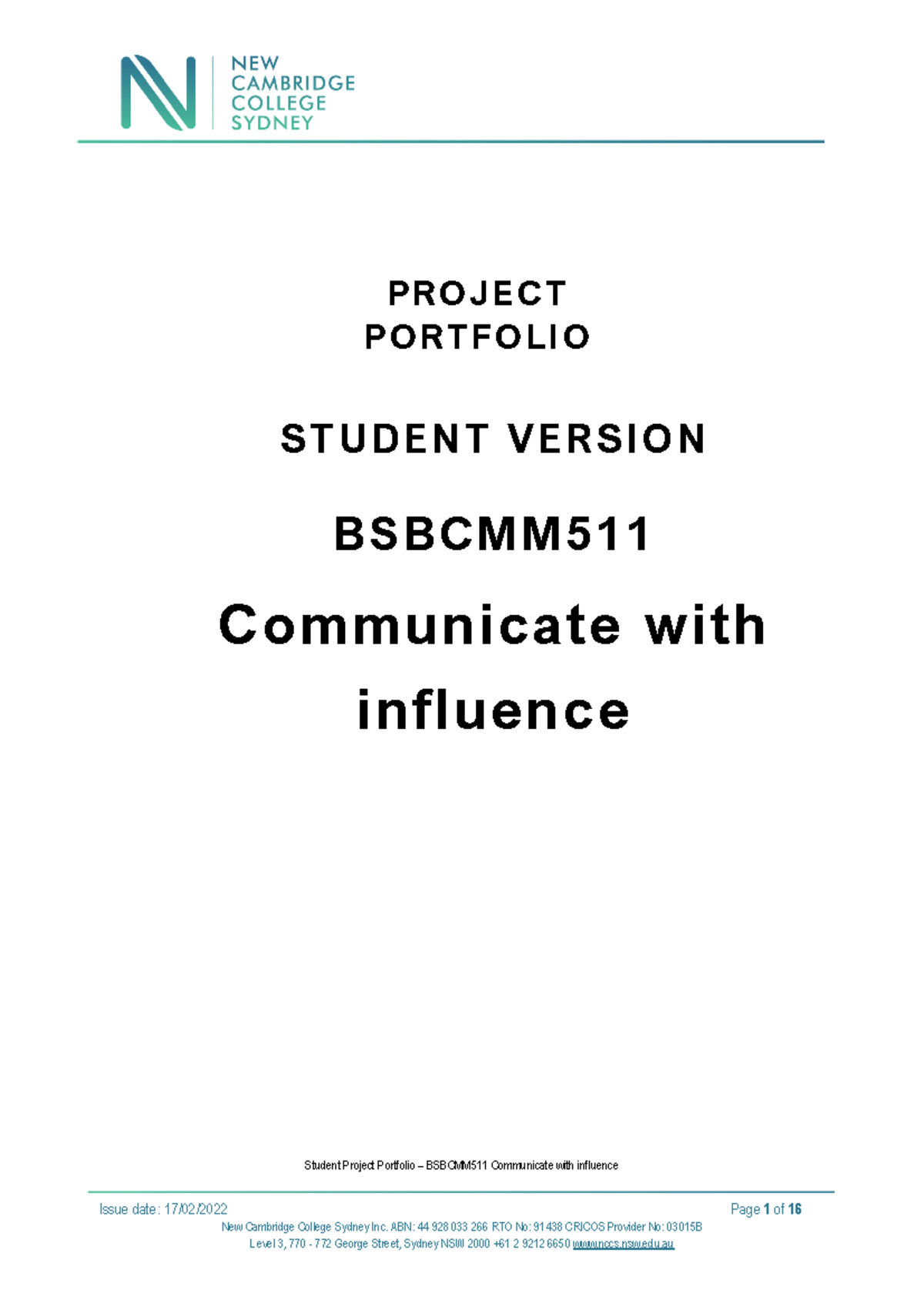 Student Project Portfolio: Communicating with Influence in BSBCMM511 ...
