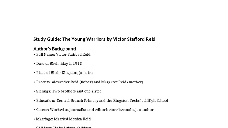 The Young Warriors Study Guide: Insights on Victor Stafford Reid - Studocu