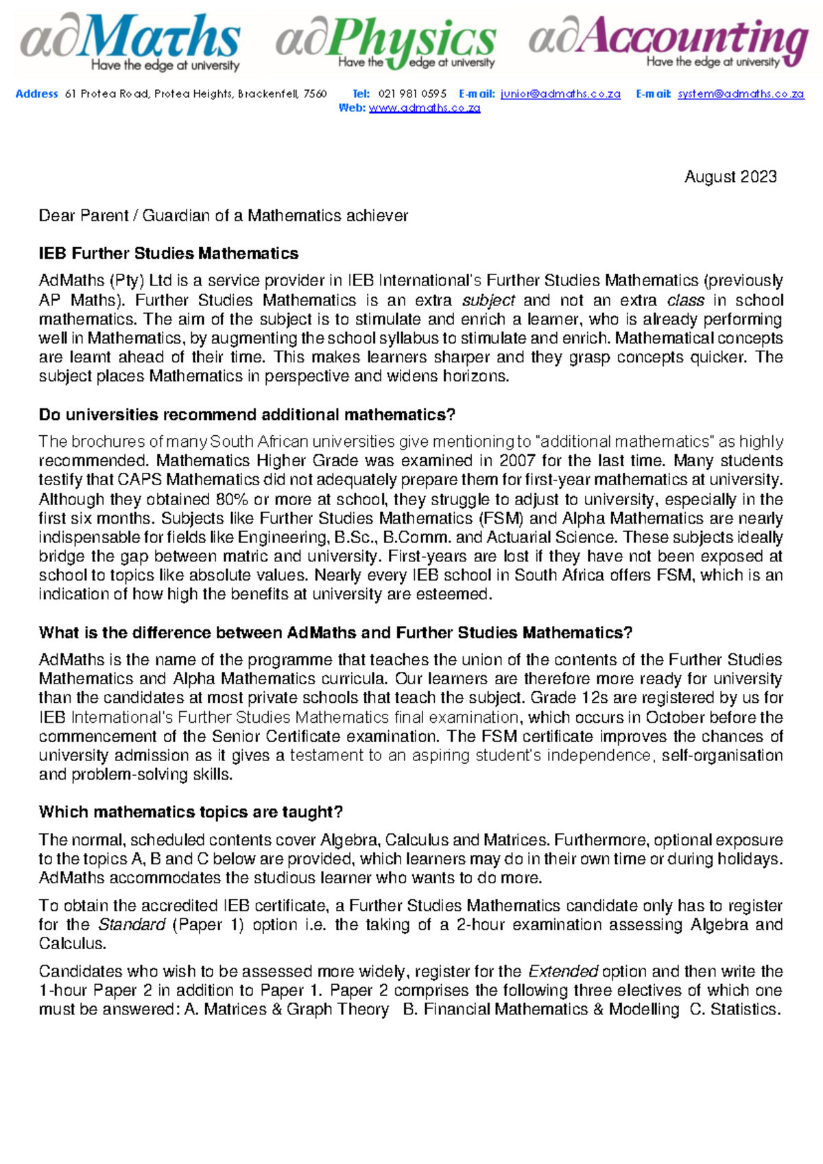 IEB Further Studies Mathematics Overview - AdMaths Program - Studocu