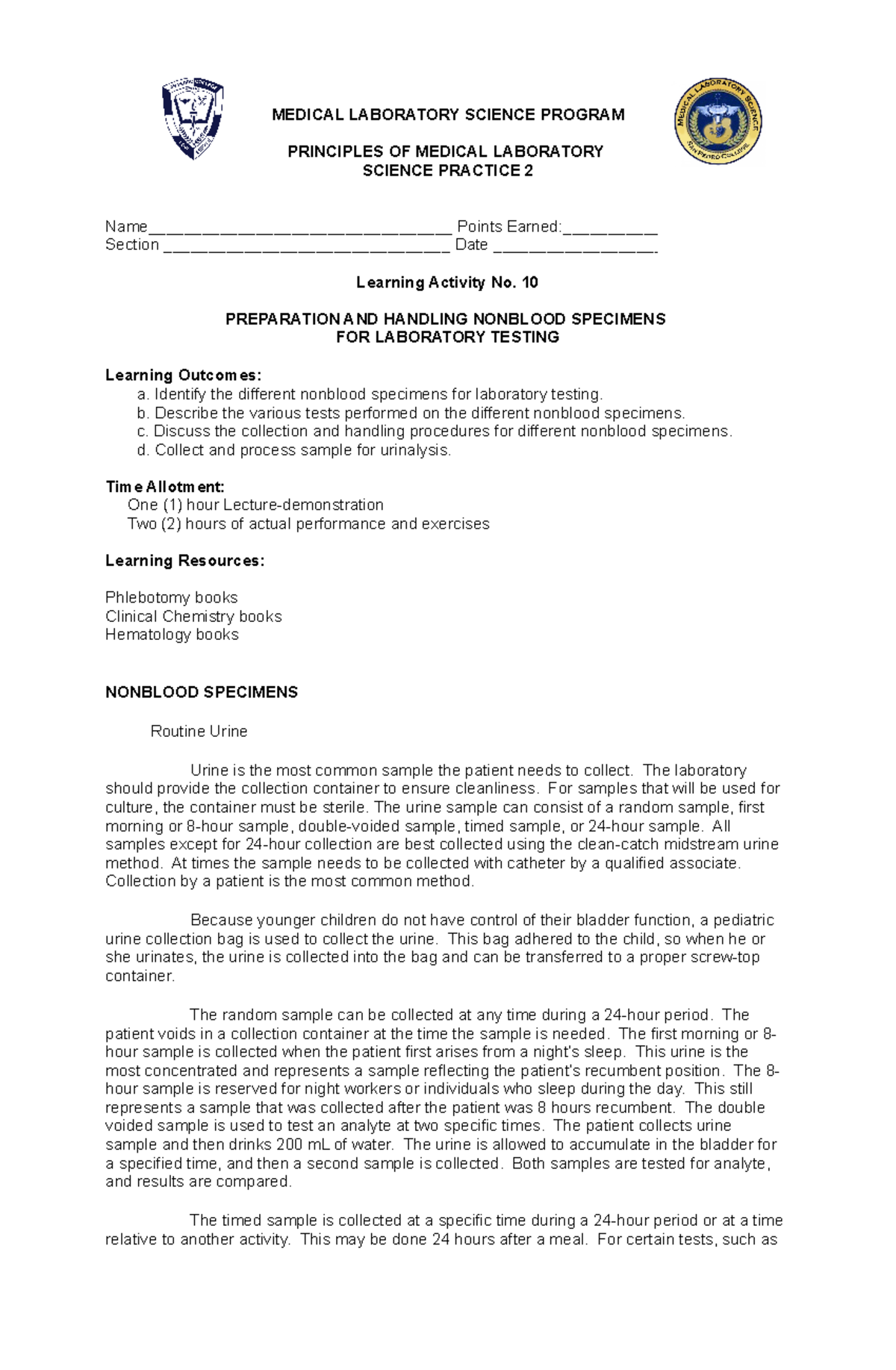 Preparation and Handling of Nonblood Specimens for Lab Testing - Studocu