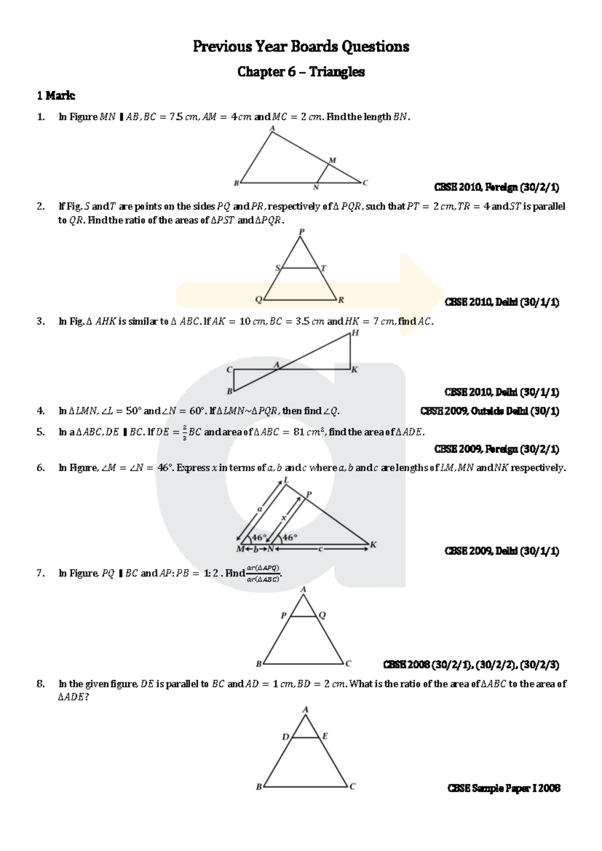 Previous Year Questions on Triangles - CBSE 823316646 - Studocu