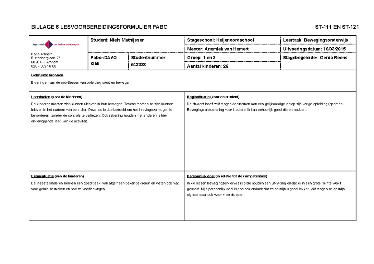Lesvoorbereiding Bewegingsonderwijs Dieren - PABO ST-111 - Studeersnel