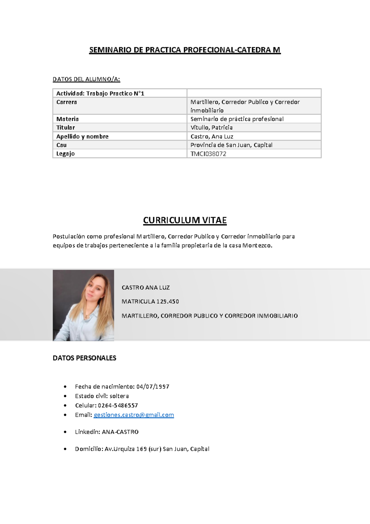 Seminario de Práctica Profesional - CV de Castro, Ana Luz - Cátedra M ...