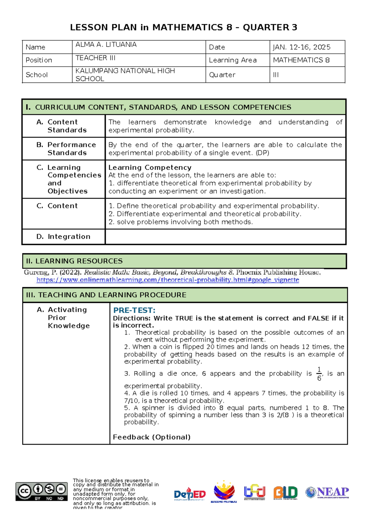 MATHEMATICS 8 LESSON PLAN: EXPERIMENTAL PROBABILITY (Q3) - Studocu