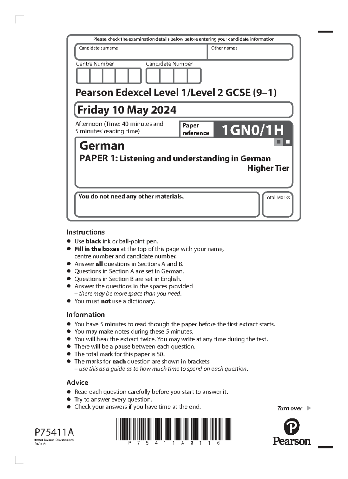 German GCSE Listening Exam Paper 1: Higher Tier - May 10, 2024 - Studocu