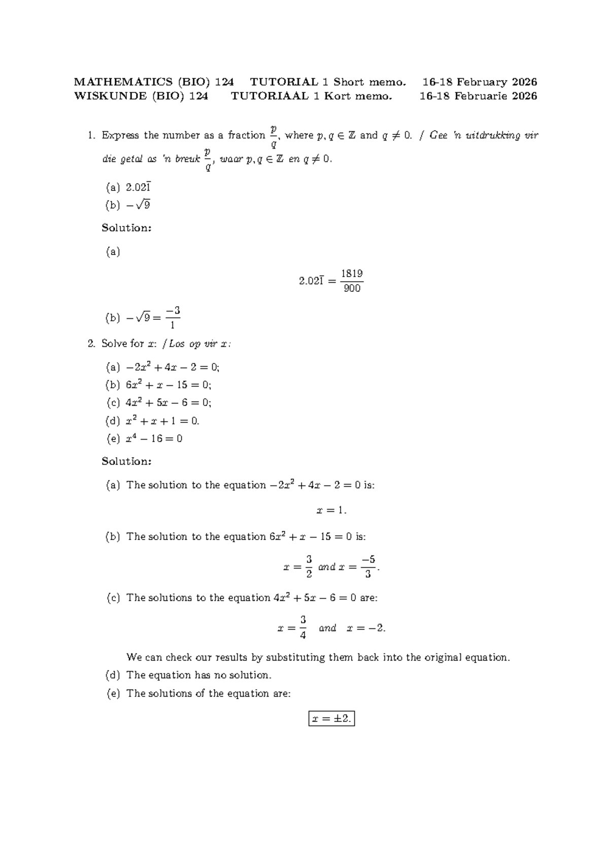 MATHEMATICS (BIO) 124 TUTORIAL 1 Solutions and Answers - Studocu