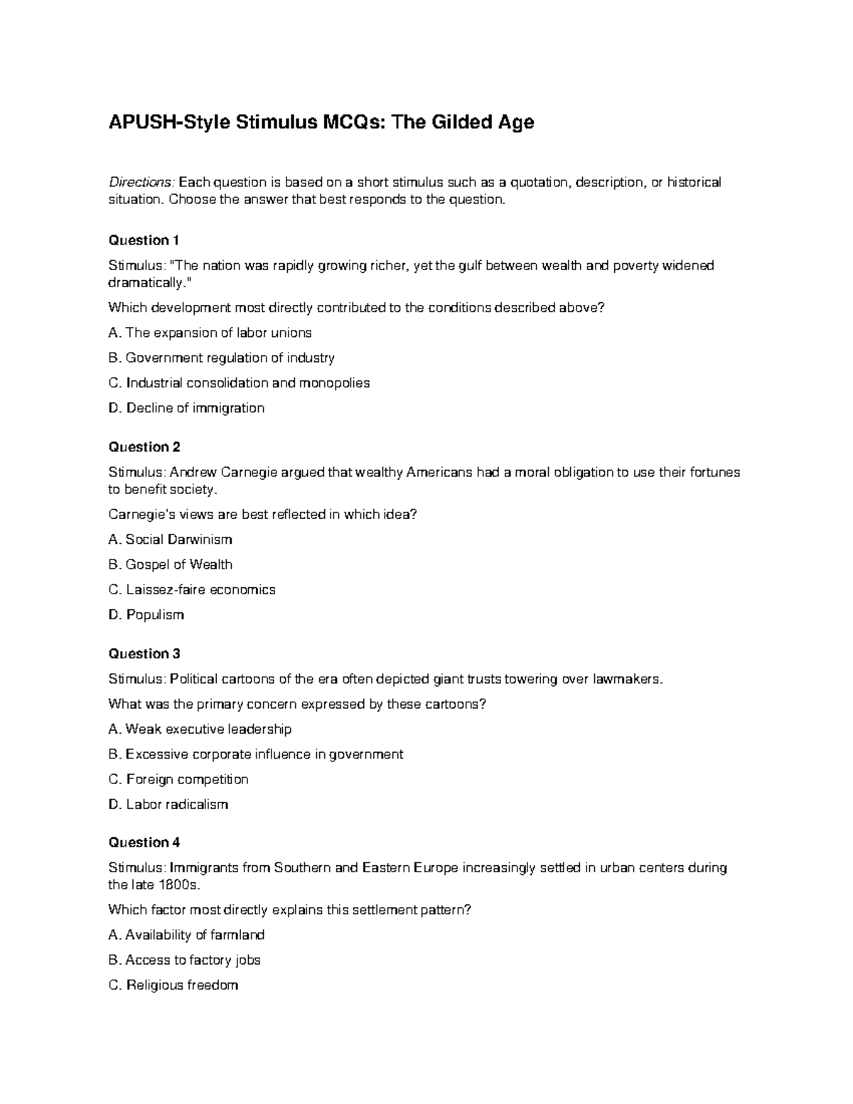 Gilded Age APUSH Stimulus MCQs: Multiple Choice Questions - Studocu