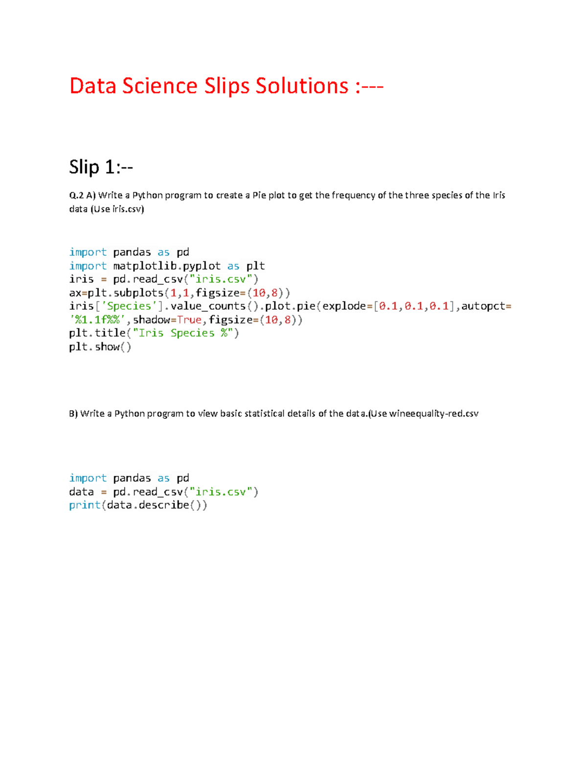 Data Science Solutions - Semester 5 Slips for Python Programming - Studocu