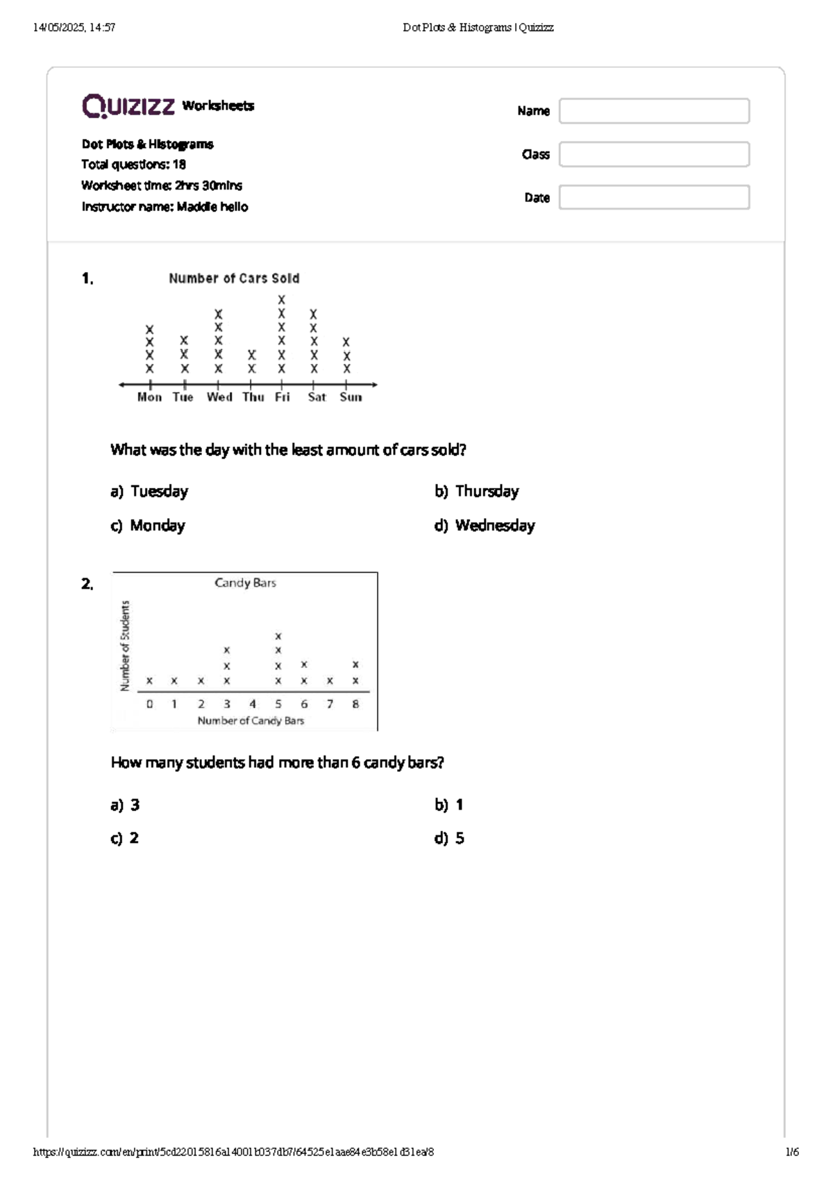 Quizizz - Dot Plots & Histograms Worksheet (Total Q: 18) - Studocu