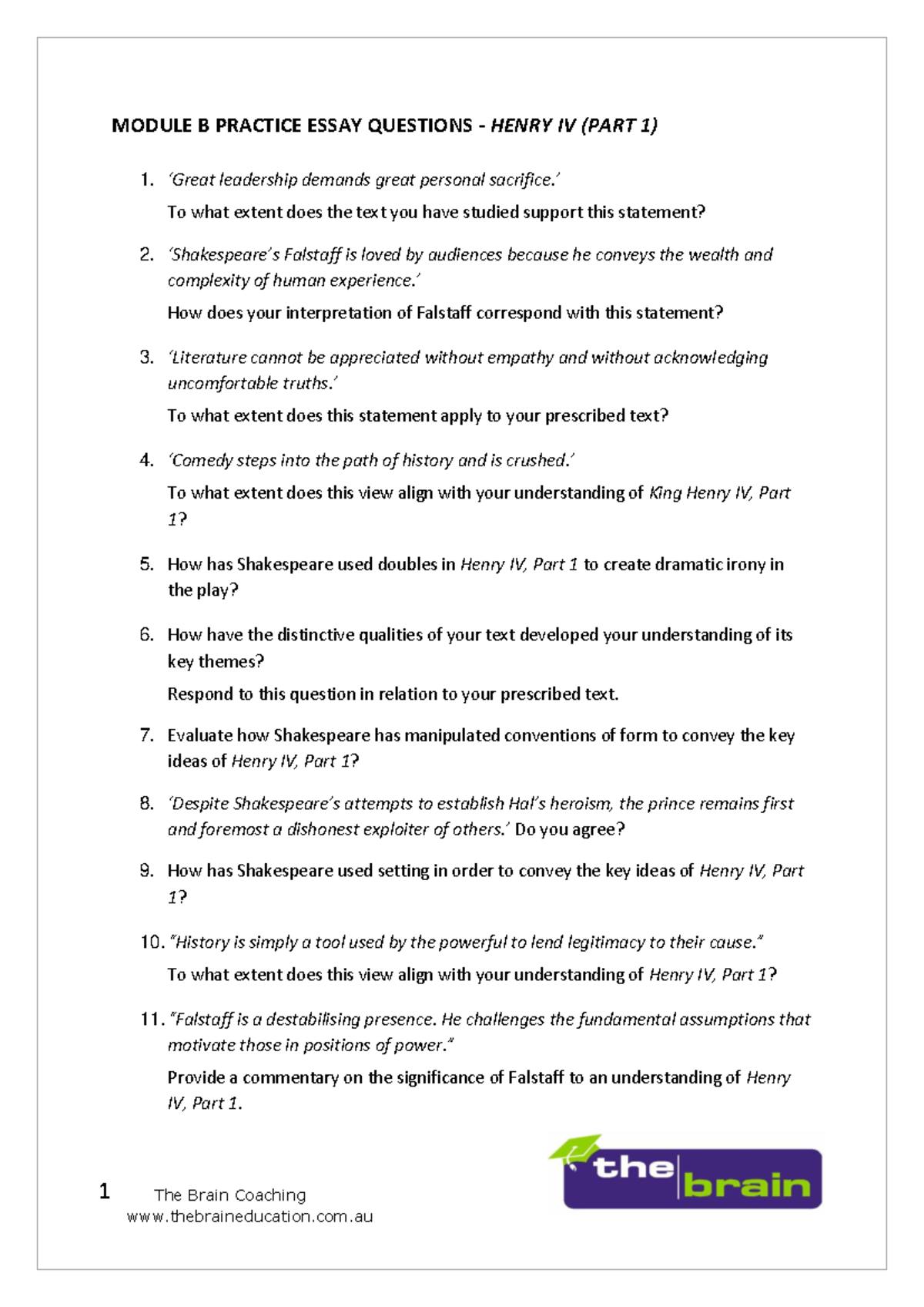 King Henry IV (Part 1) Essay Questions - Module B Practice - Studocu